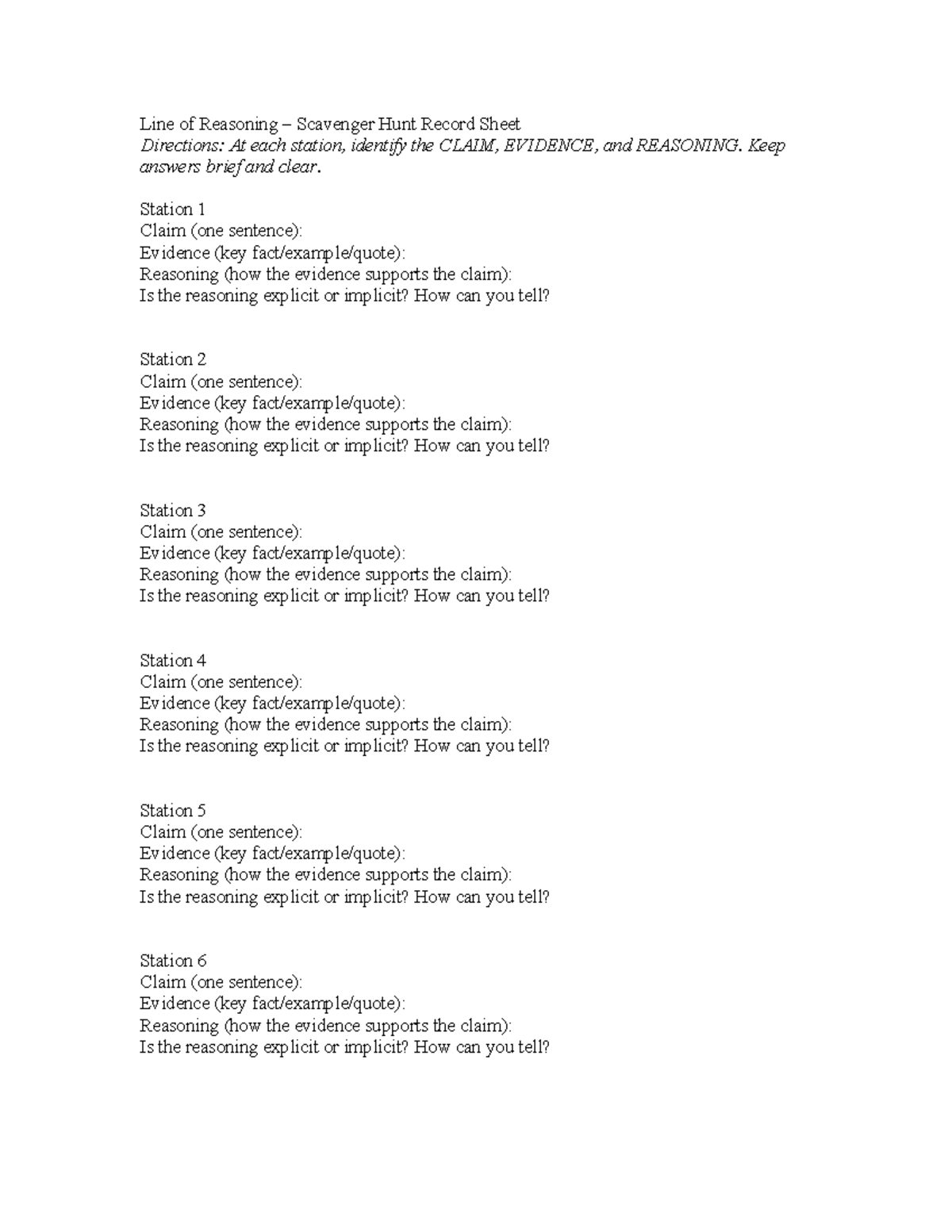 Line of Reasoning Scavenger Hunt Student Sheet - Studocu