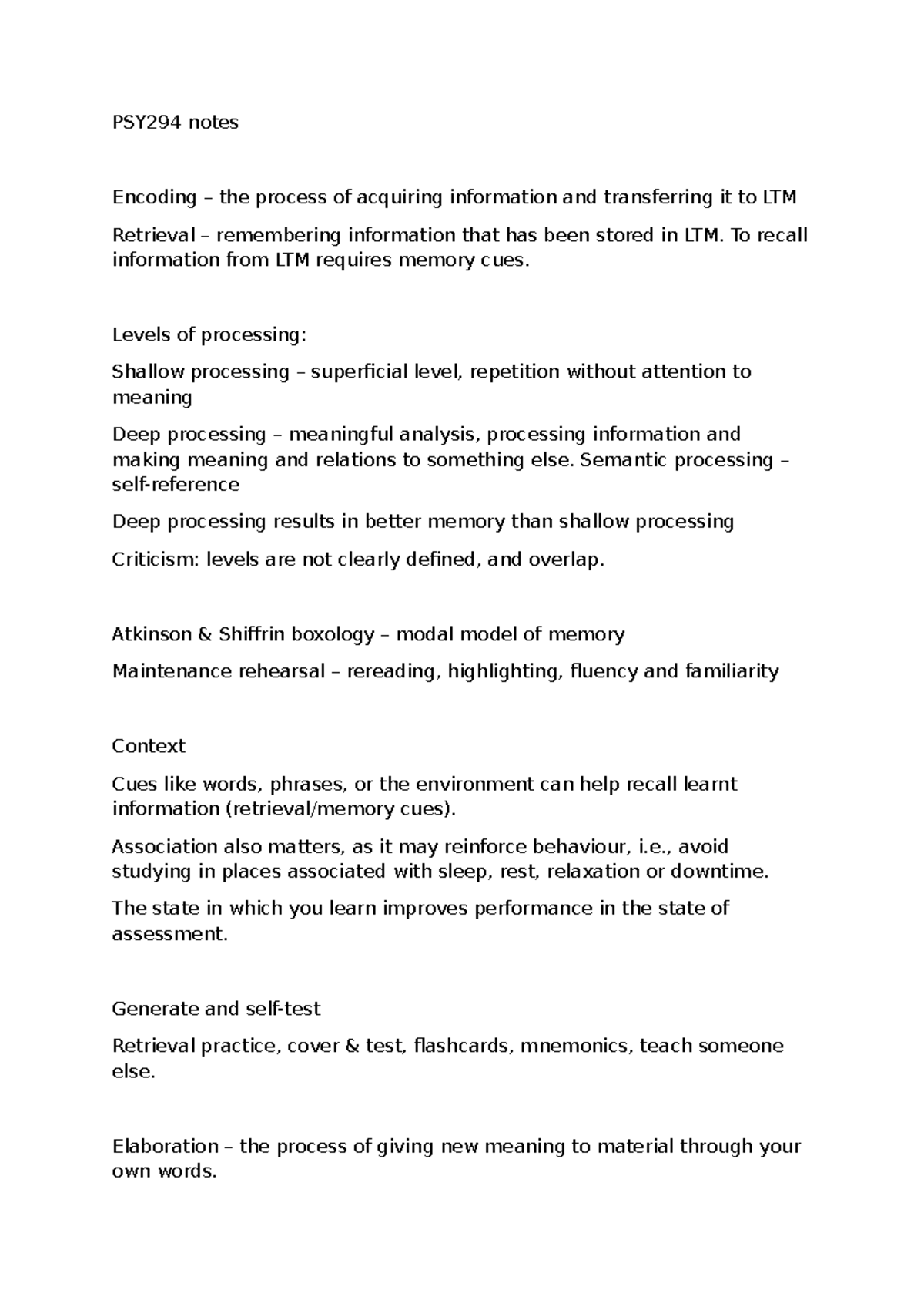 PSY294 Lecture Notes: Encoding, Retrieval, and Memory Processes - Studocu