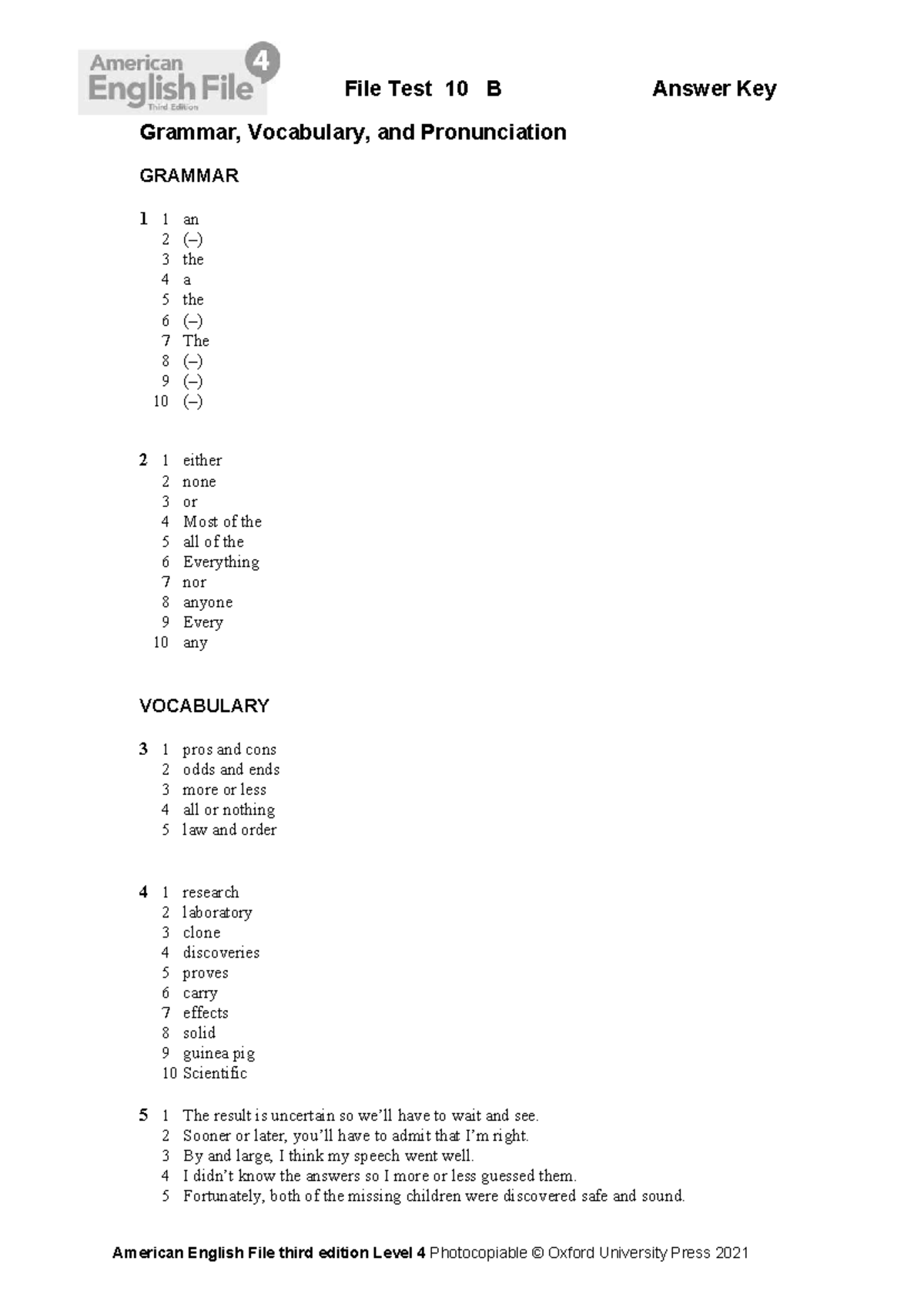 AEF3e L4 File Test 10B Answer Key: Grammar, Vocabulary & Pronunciation ...