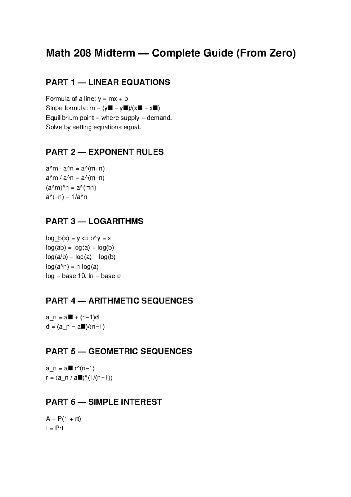 Math 208 Midterm Comprehensive Study Guide: Key Concepts & Formulas ...