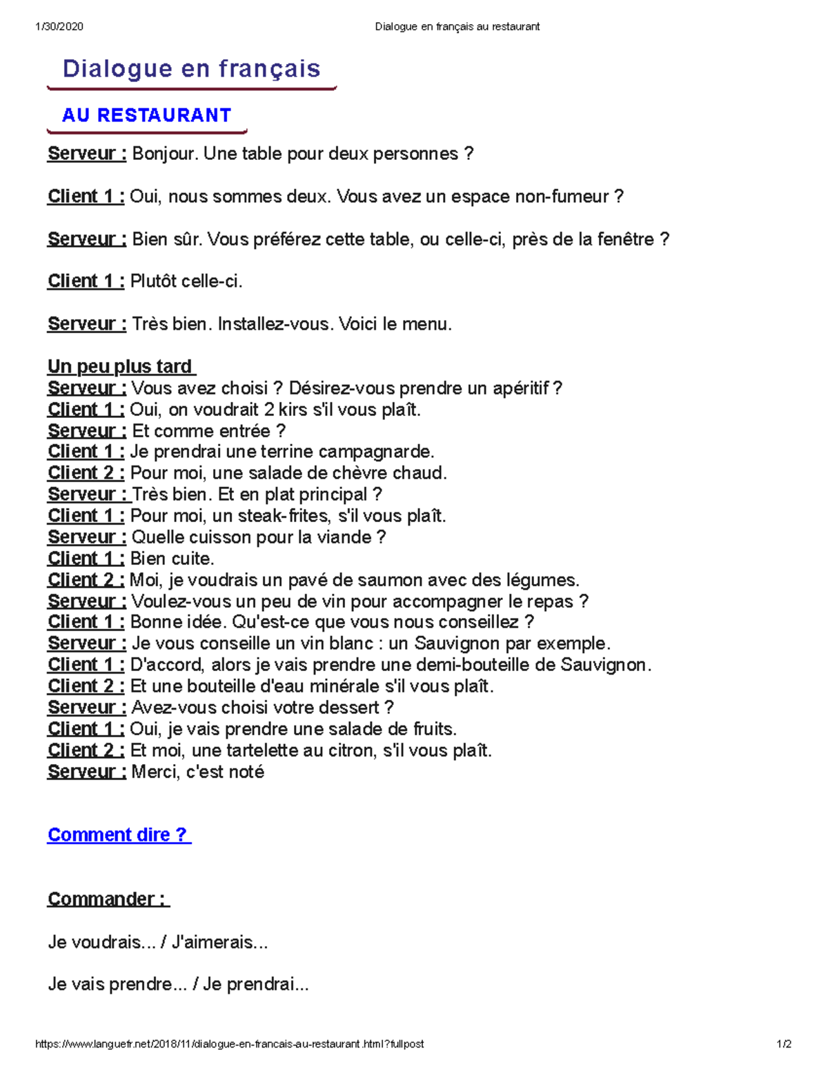 Dialogue en français au restaurant - A1 Grammaire ÉIF UQTR - Studocu
