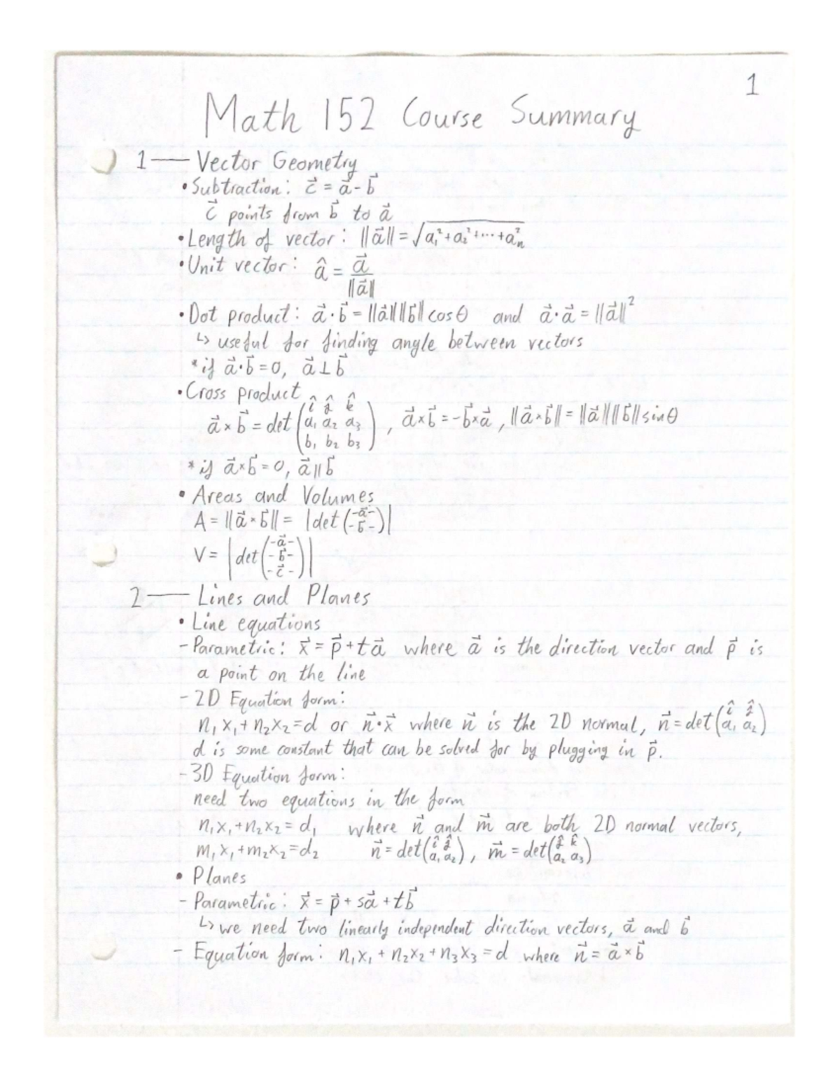 Math 152 Course Summary: Vector Geometry and Linear Systems - Studocu
