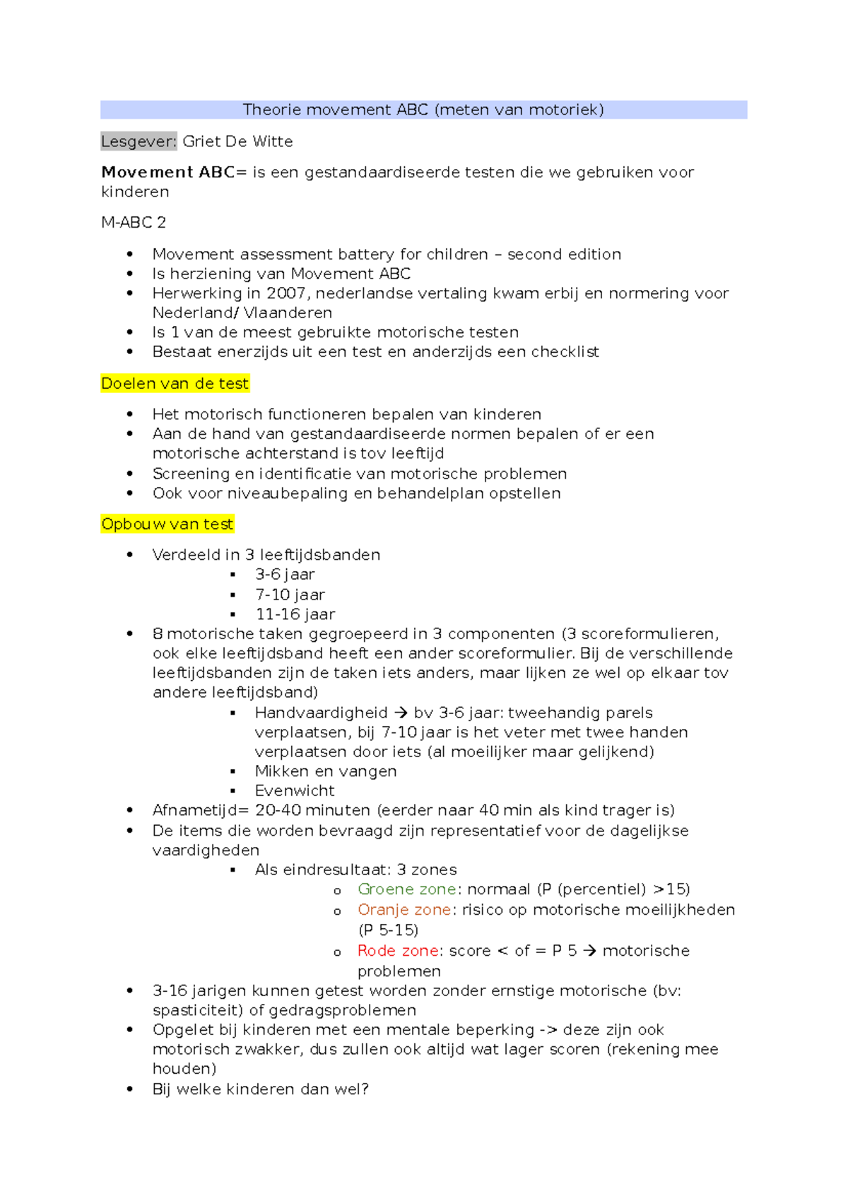 Theorie Movement ABC - Motoriek Test Uitleg en Procedure - Studocu