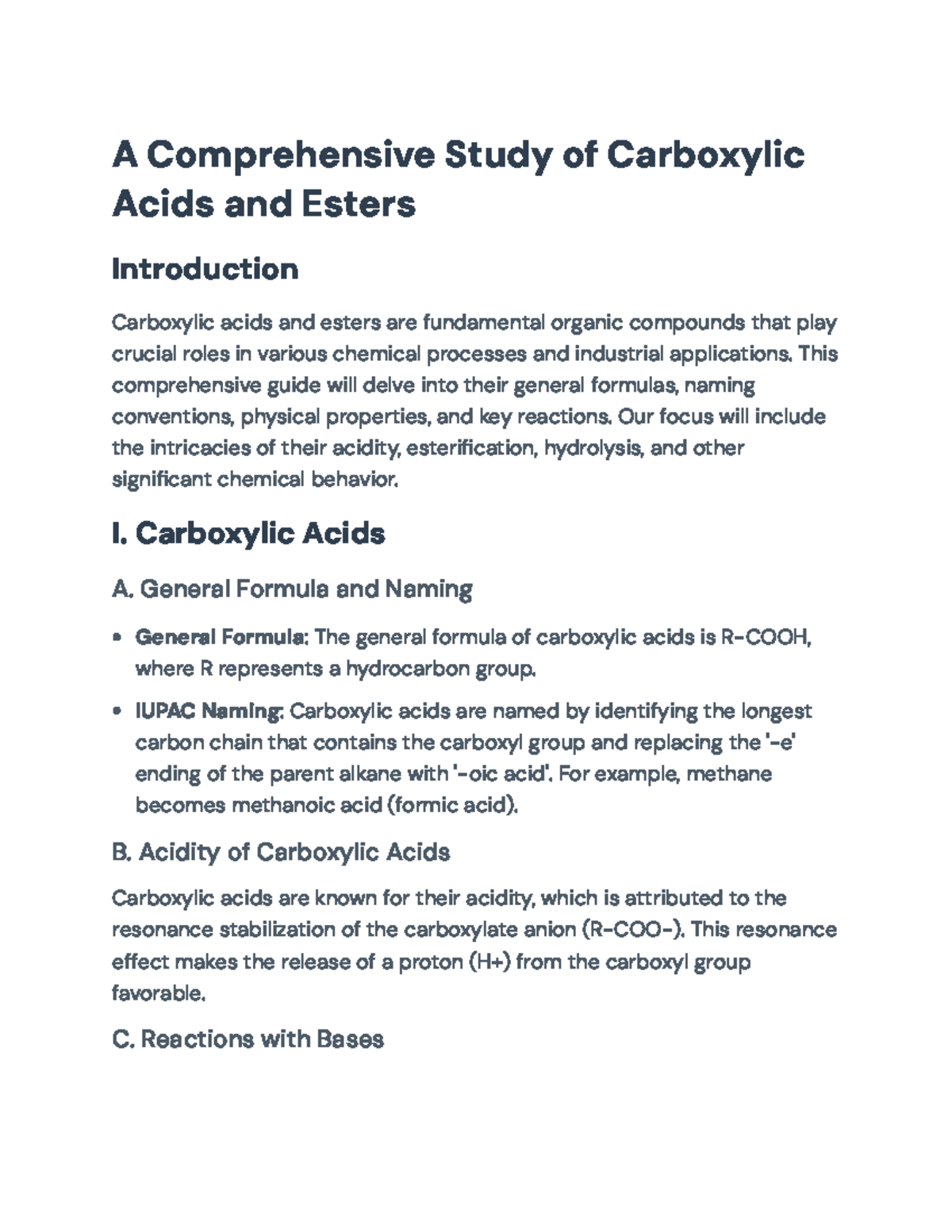 A Comprehensive Study of Carboxylic Acids and Esters (CHEM 101) - Studocu