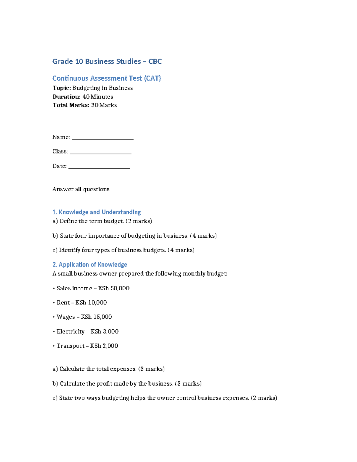 Grade 10 Business Studies CBC Budgeting CAT Notes - Studocu