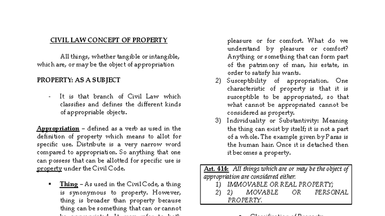 CIVIL LAW 101: CONCEPTS OF PROPERTY AND CLASSIFICATION - Studocu