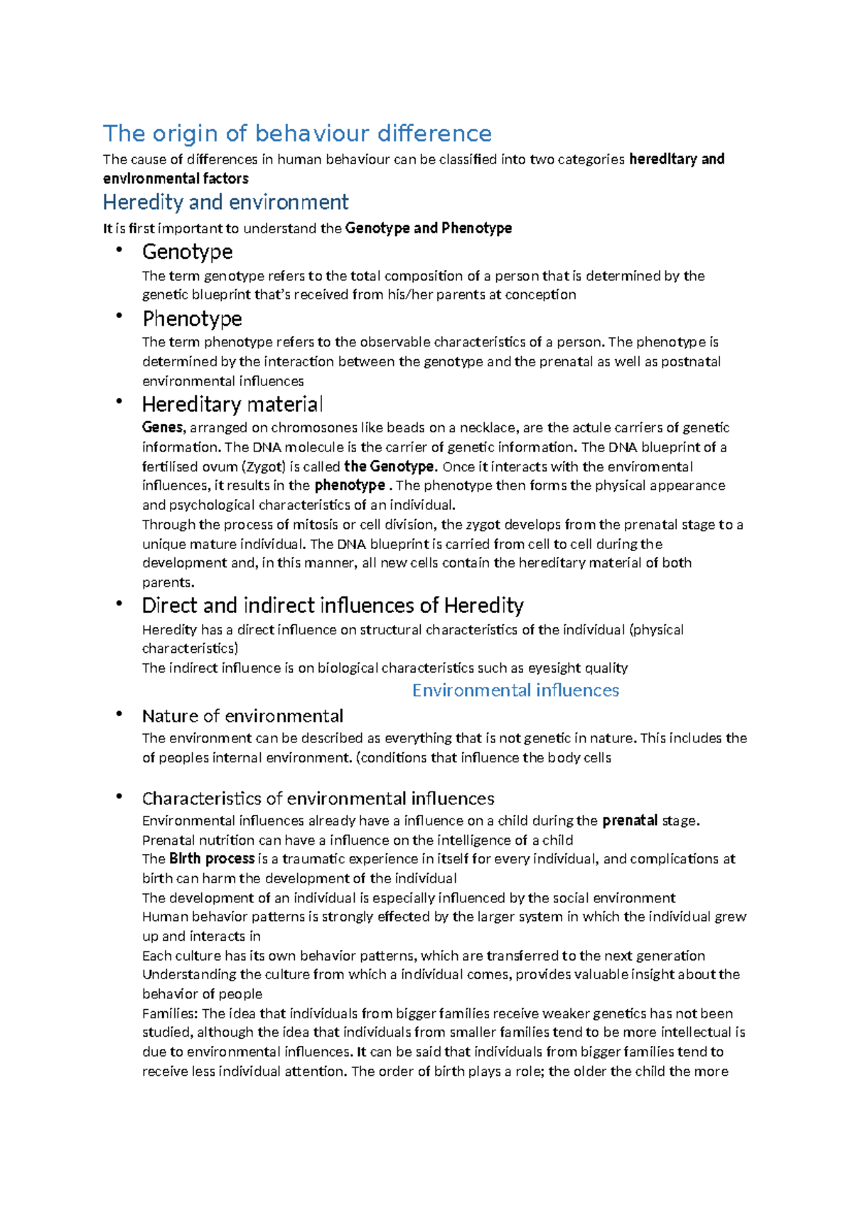 Understanding Behaviour Differences: Heredity vs. Environment - Studocu