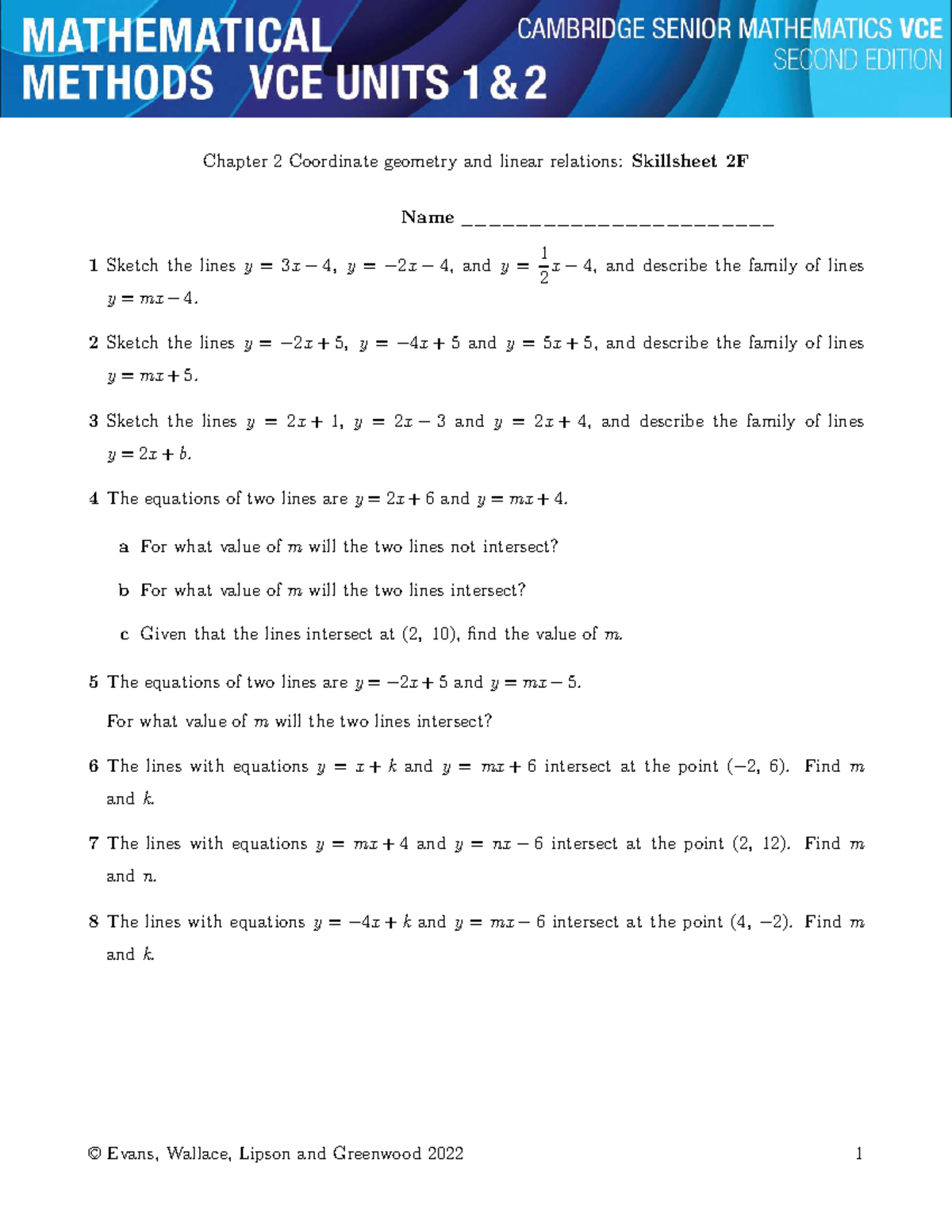 Chapter 2F Coordinate Geometry Skillsheet: Line Sketching & Relations ...
