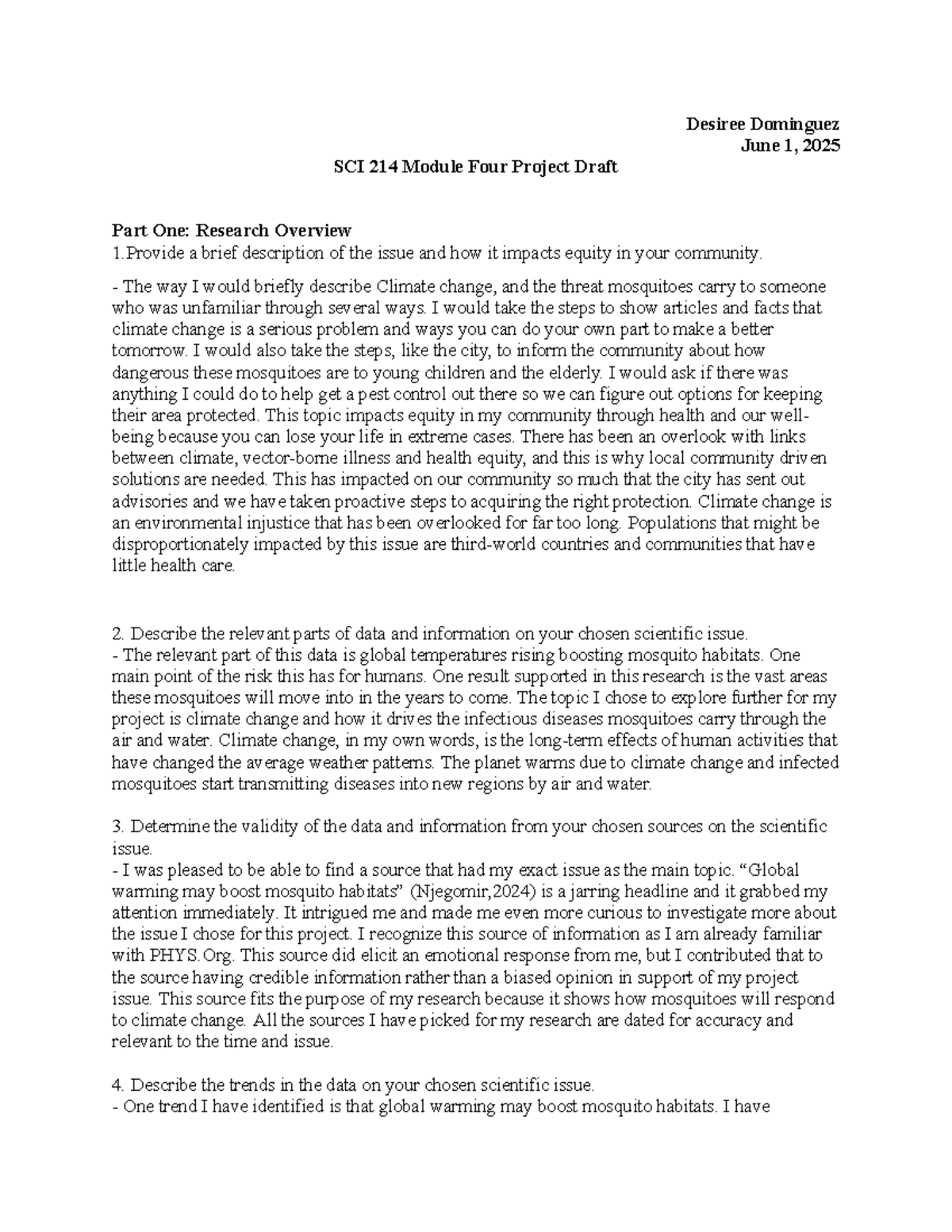 SCI 214 Module Four Project Draft: Climate Change & Mosquito Impact ...