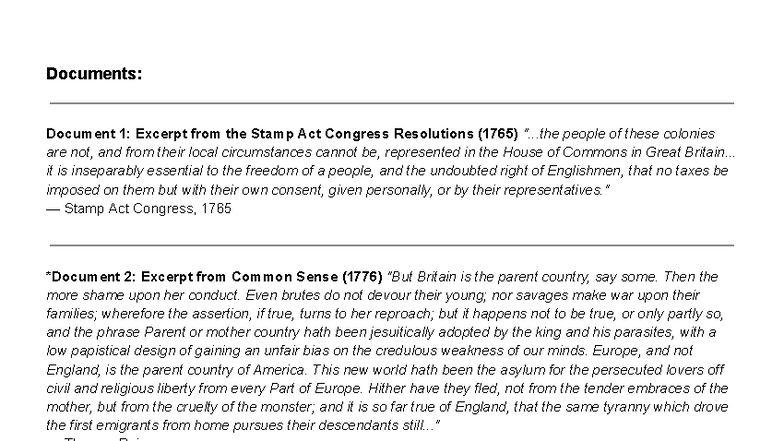 DBQ: Key Excerpts from Founding Documents (1765-1796) - Studocu