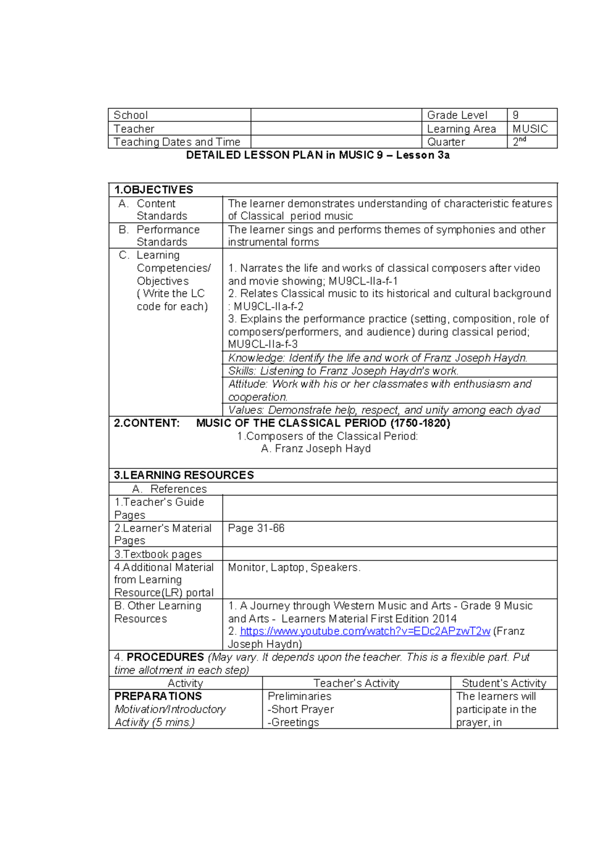 MUSIC 9 Lesson Plan for Quarter 2: Classical Period Insights - Studocu