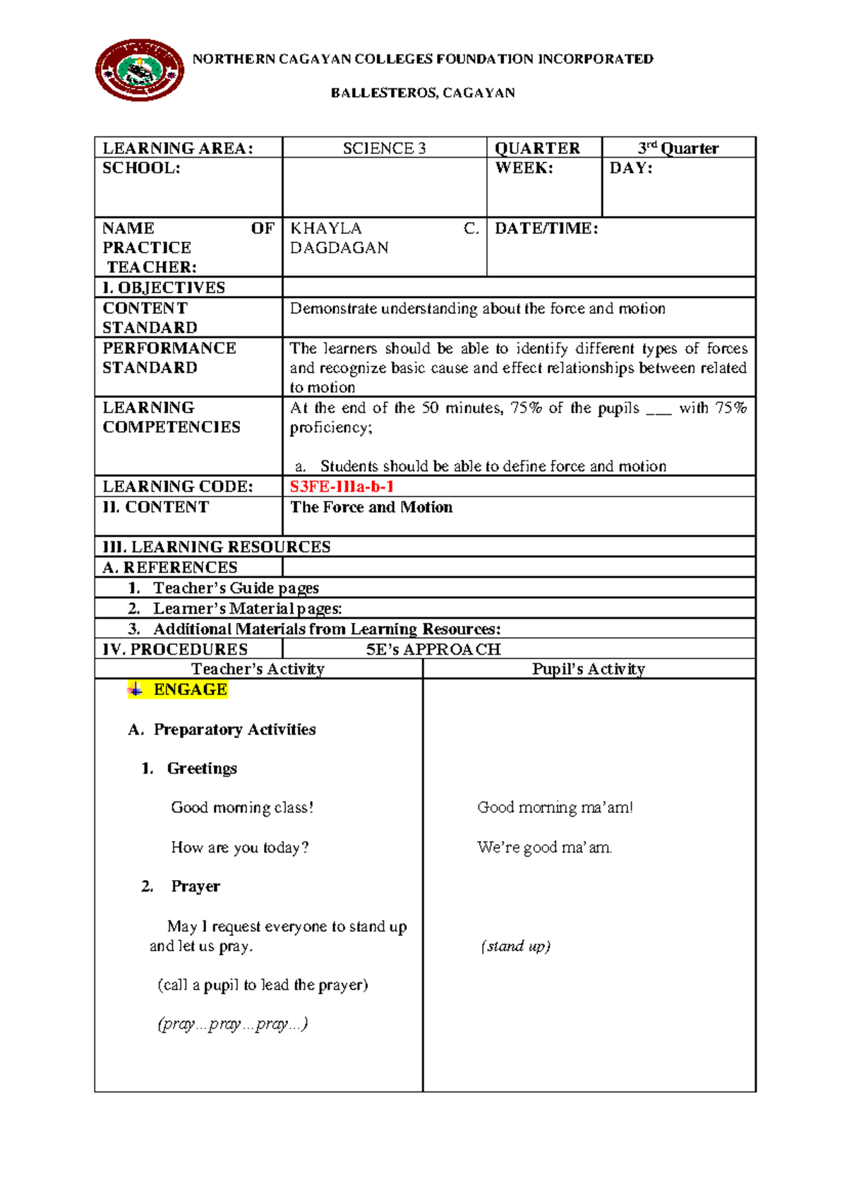 5E's Lesson Plan: Force and Motion in Science 3 - Q3 Overview - Studocu