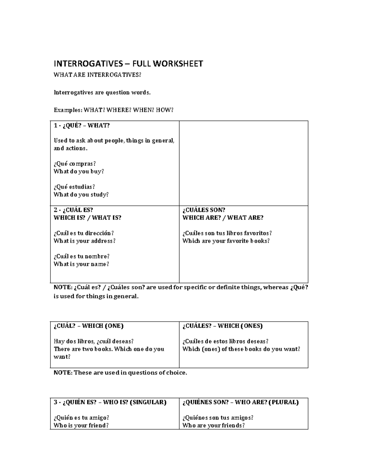 Interrogatives Worksheet: Understanding Question Words - Studocu