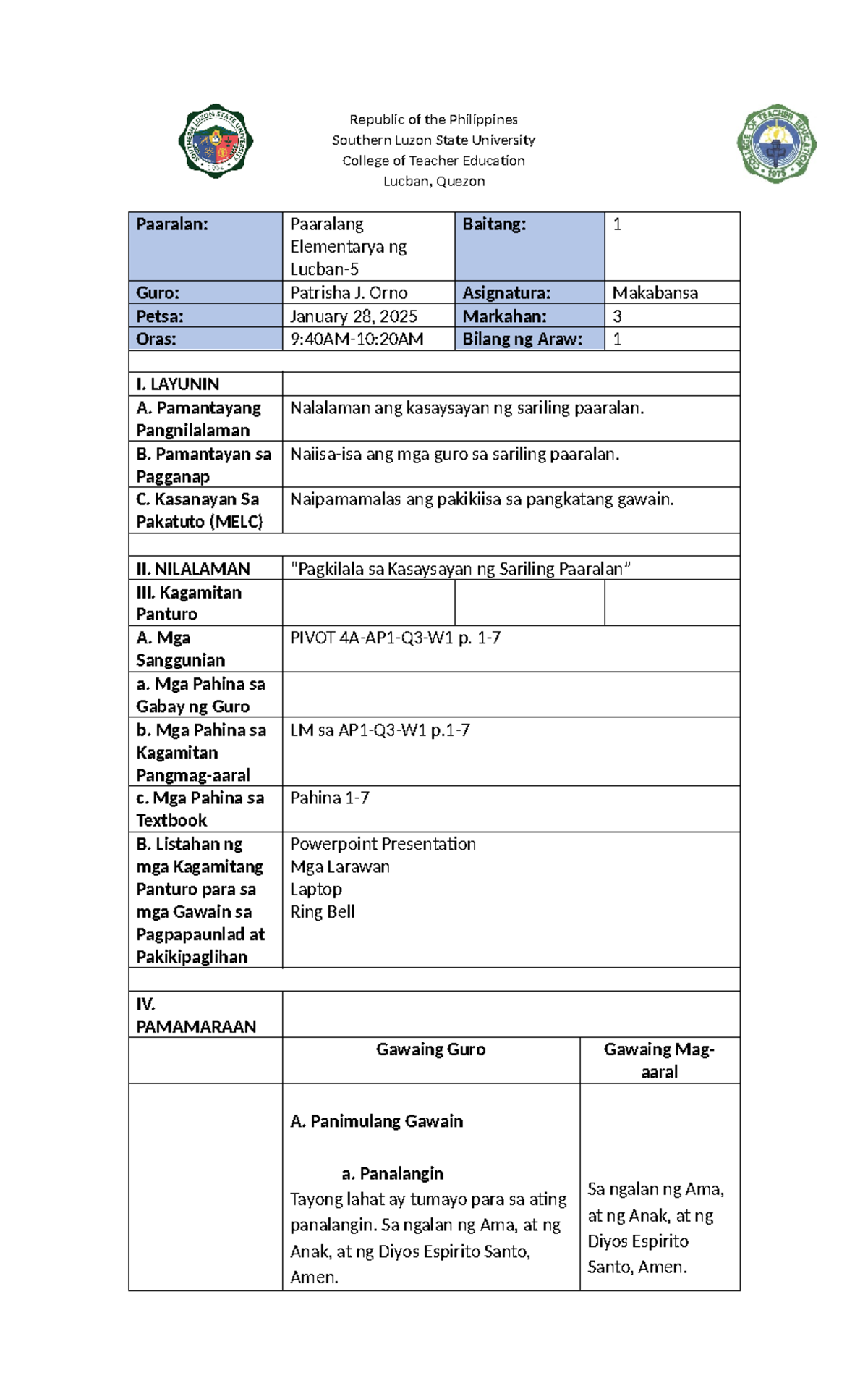 Makabansa-5TH-DLP - Sample Detailed Lesson Plan for Grade 1 - Studocu