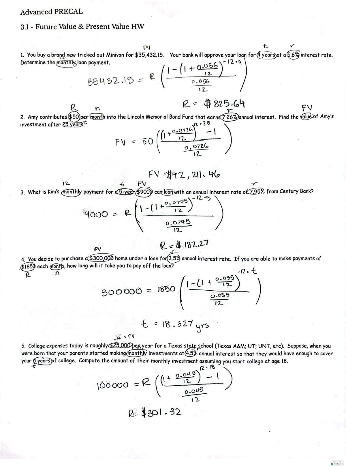 Advanced PRECAL 3.1 Homework: Future & Present Value Calculations - Studocu