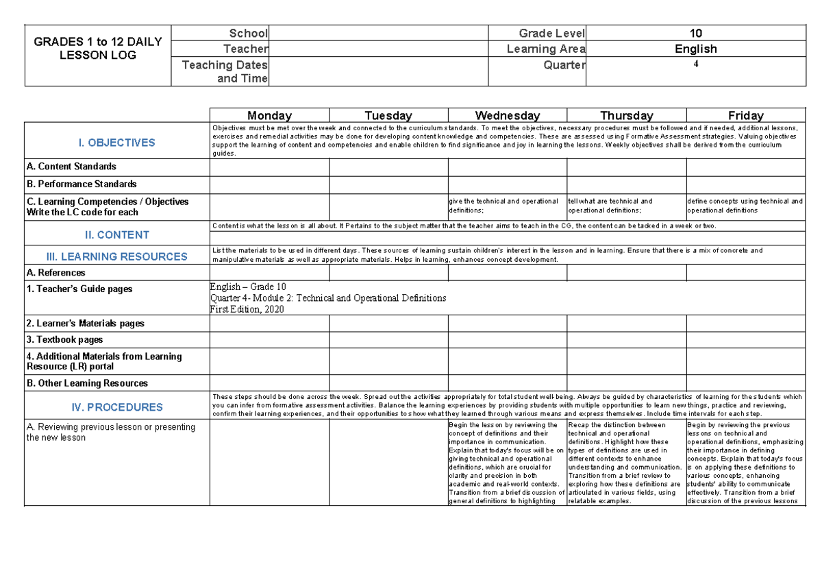 Wk3 - ENGLISH 10 LP - GRADES 1 to 12 DAILY LESSON LOG School Grade Level 10 Teacher Learning ...