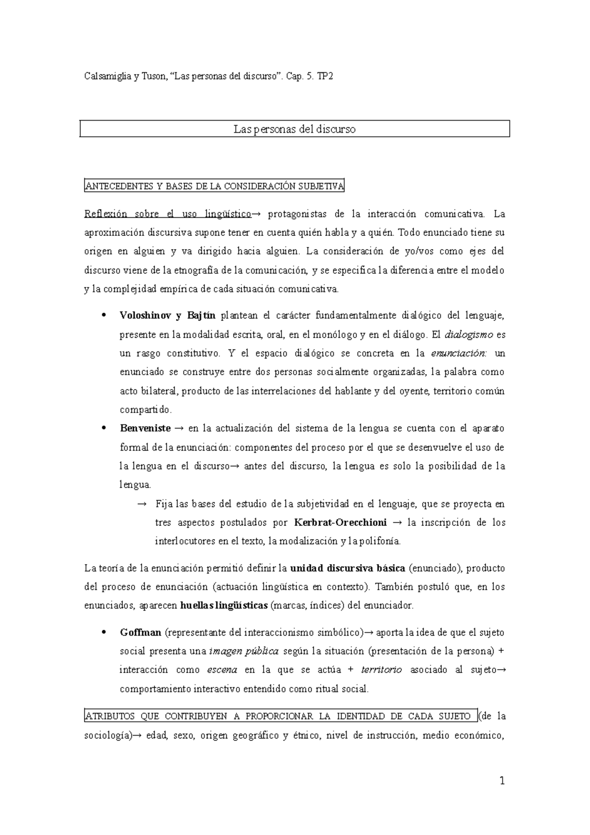 Calsamiglia y Tusón: Análisis de la Persona en el Discurso - TP2 - Studocu