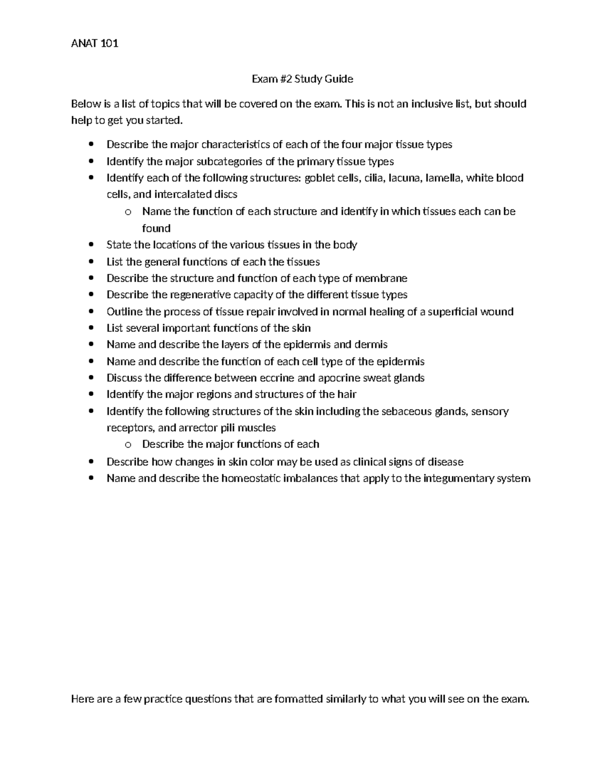 ANAT 101 Exam #2 Study Guide: Tissue Types & Integumentary System - Studocu