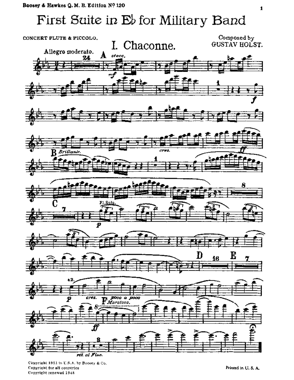 Holst First Suite in Eb for Military Band - Parts (Q.M.B. Ed. 120 ...