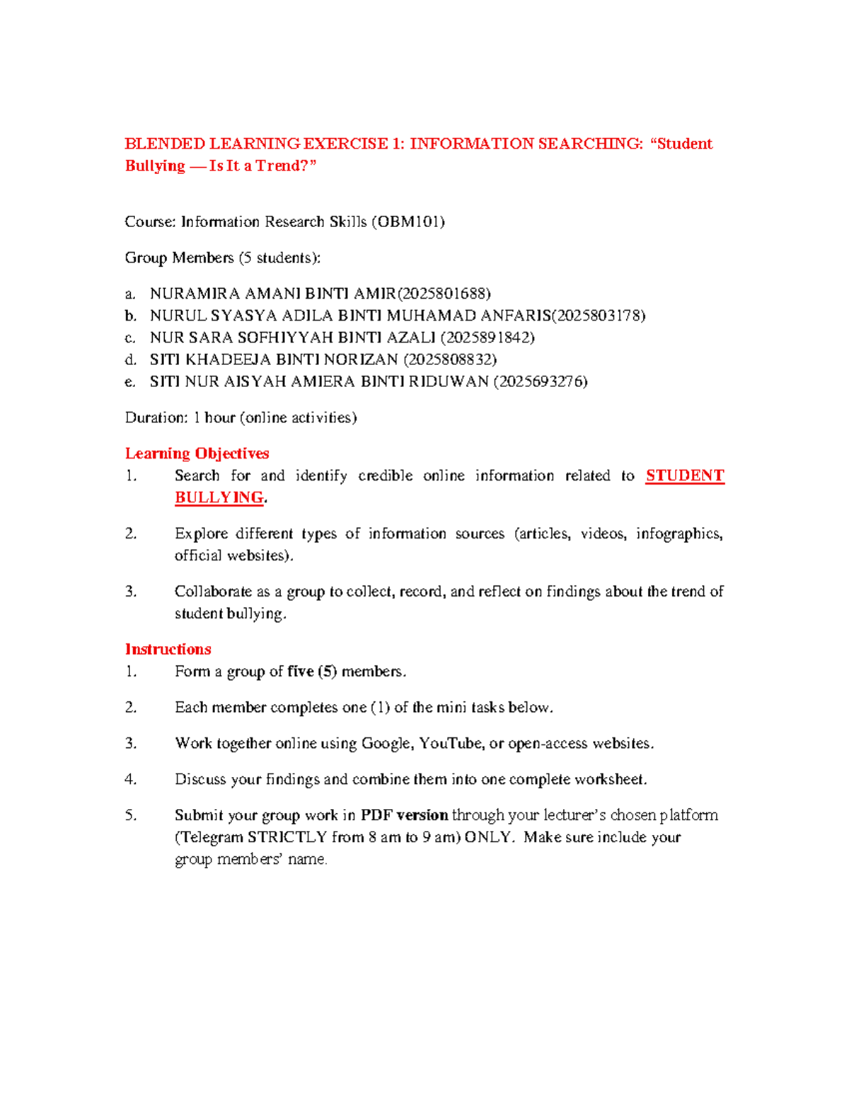 BLENDED LEARNING EXERCISE 1: INFO SEARCH ON STUDENT BULLYING (OBM101 ...