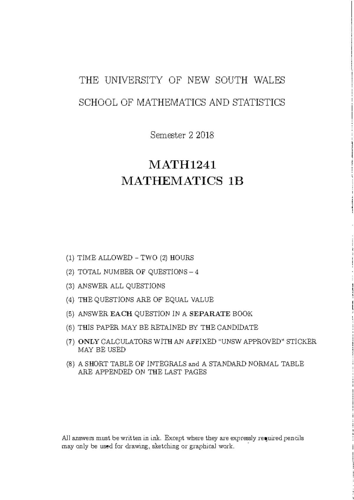 MATH1241 2018 S2 - Mathematics IB Final Exam Paper - Studocu