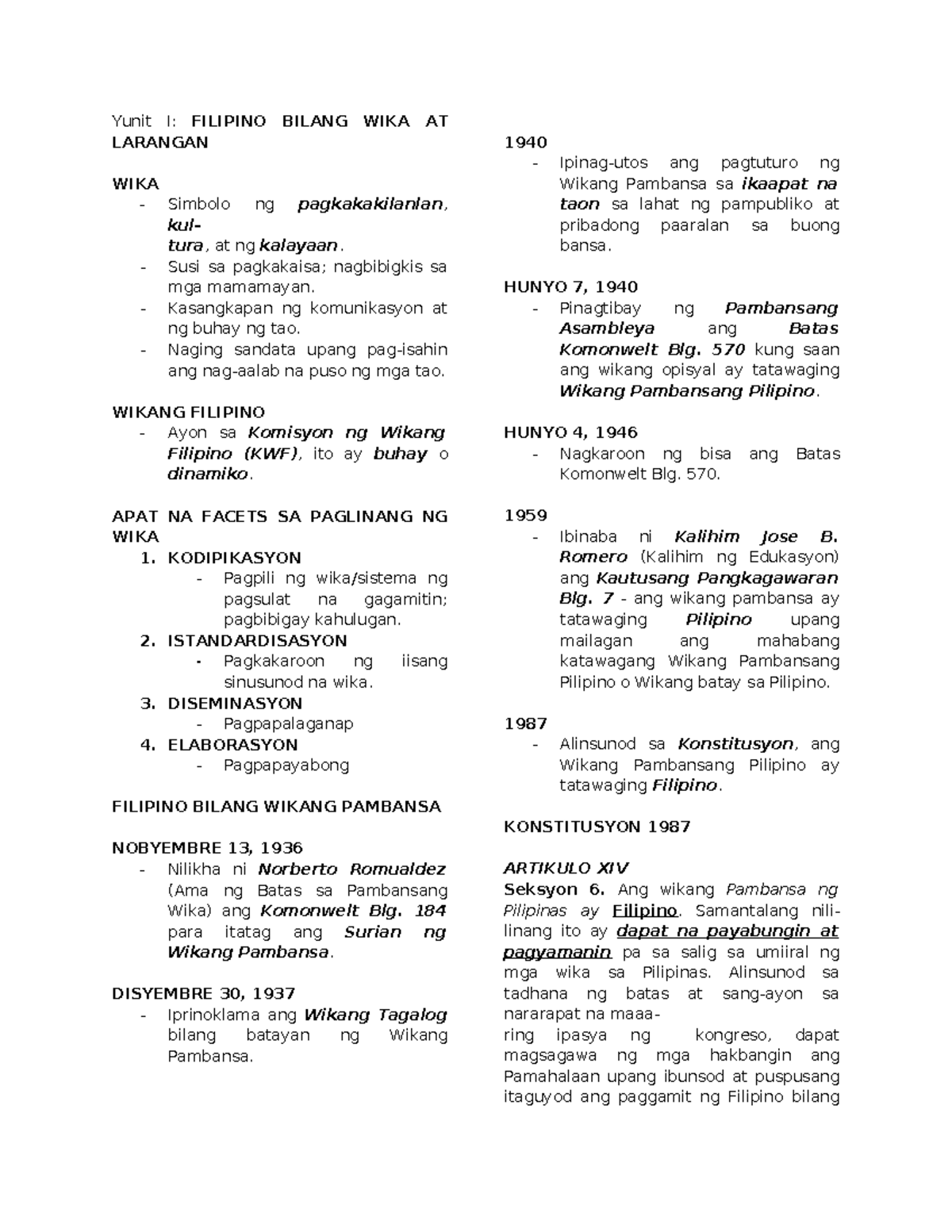 FILI 102 - REVIEWERS on FILI 102 - Yunit I: FILIPINO BILANG WIKA AT ...