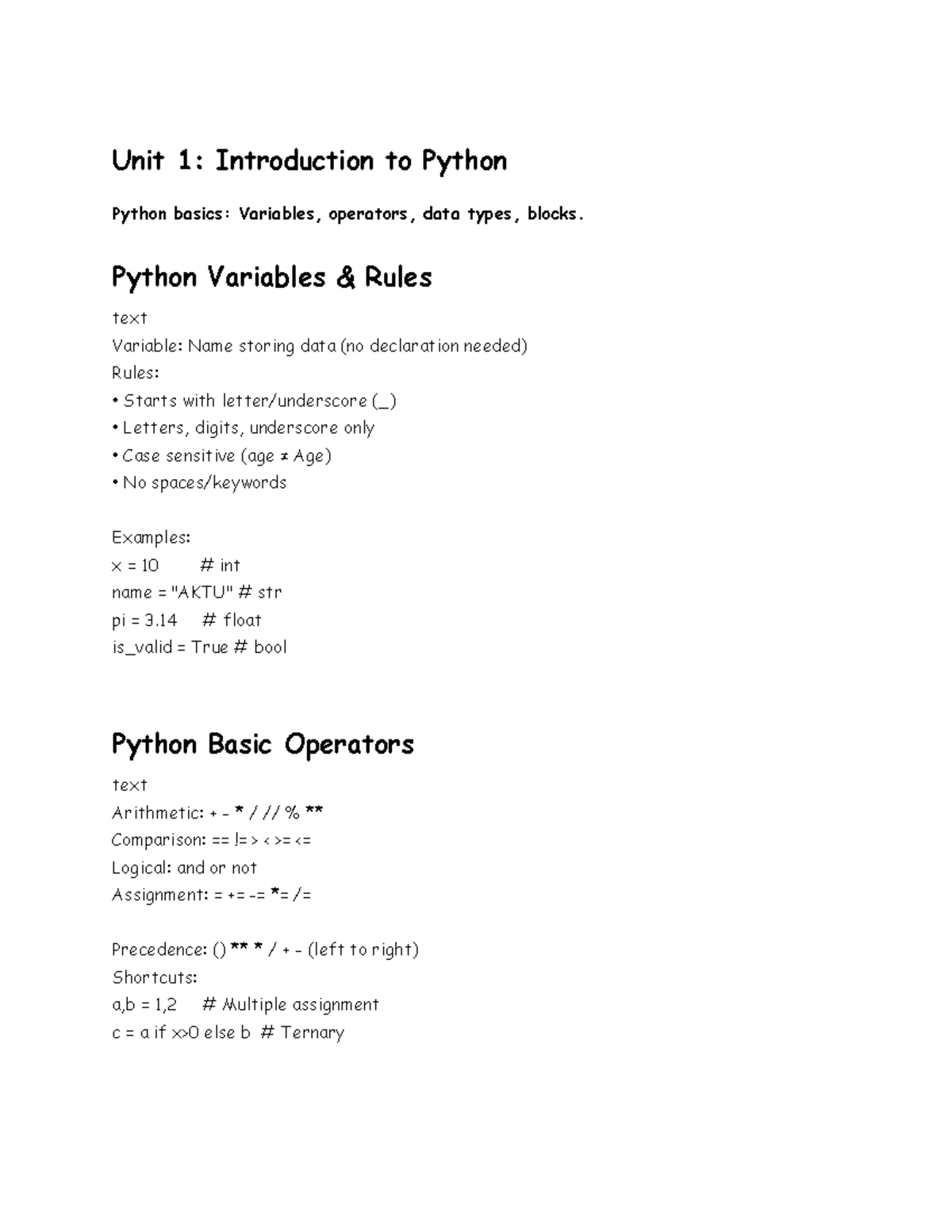 Unit 1: Python Basics Quick Revision Guide - Studocu