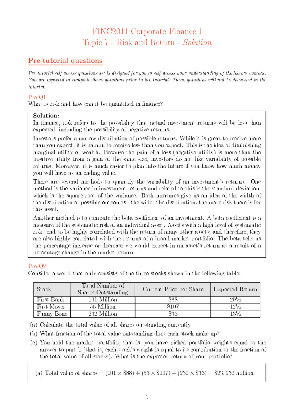 Risk and Return Sol - FINC 2011 Corporate Finance I Topic 7 - Risk and ...