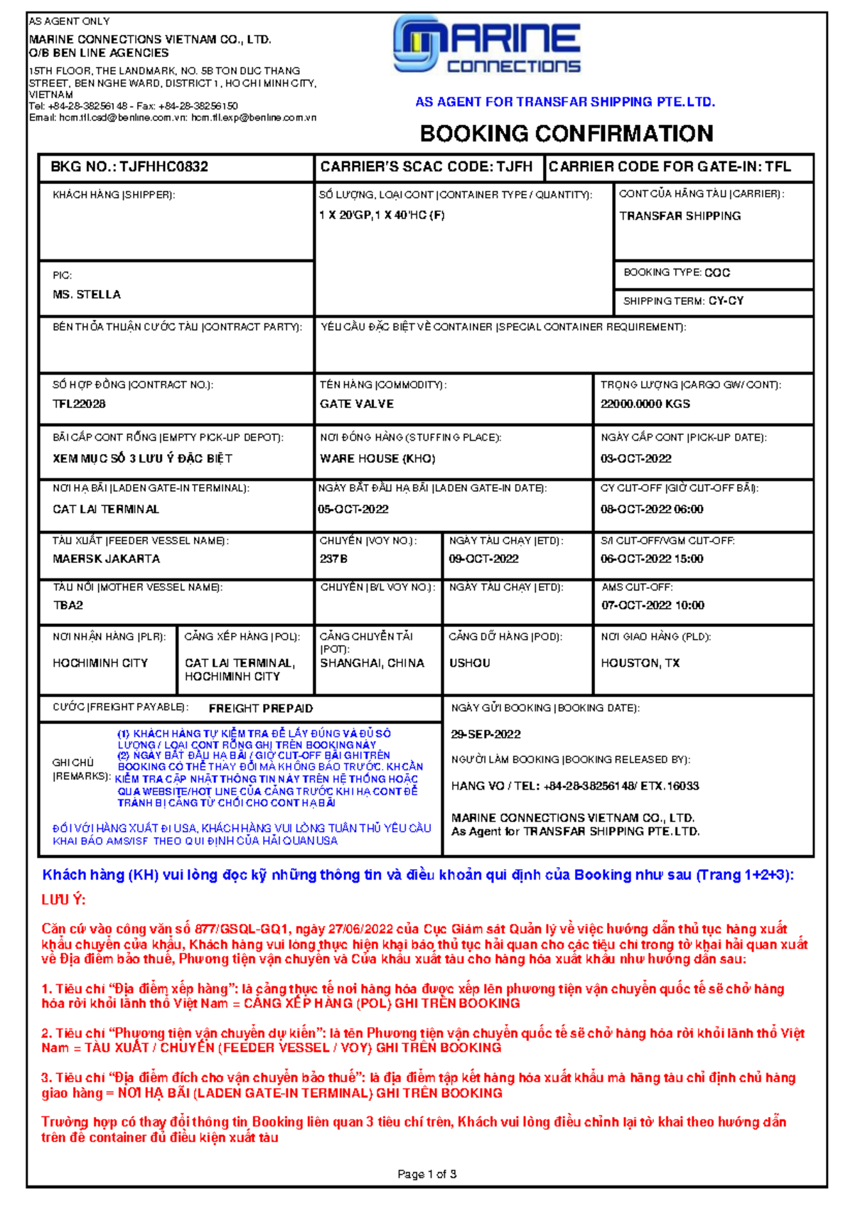 Booking Confirmation for Container BKG No. TJFHHC0832 - Studocu
