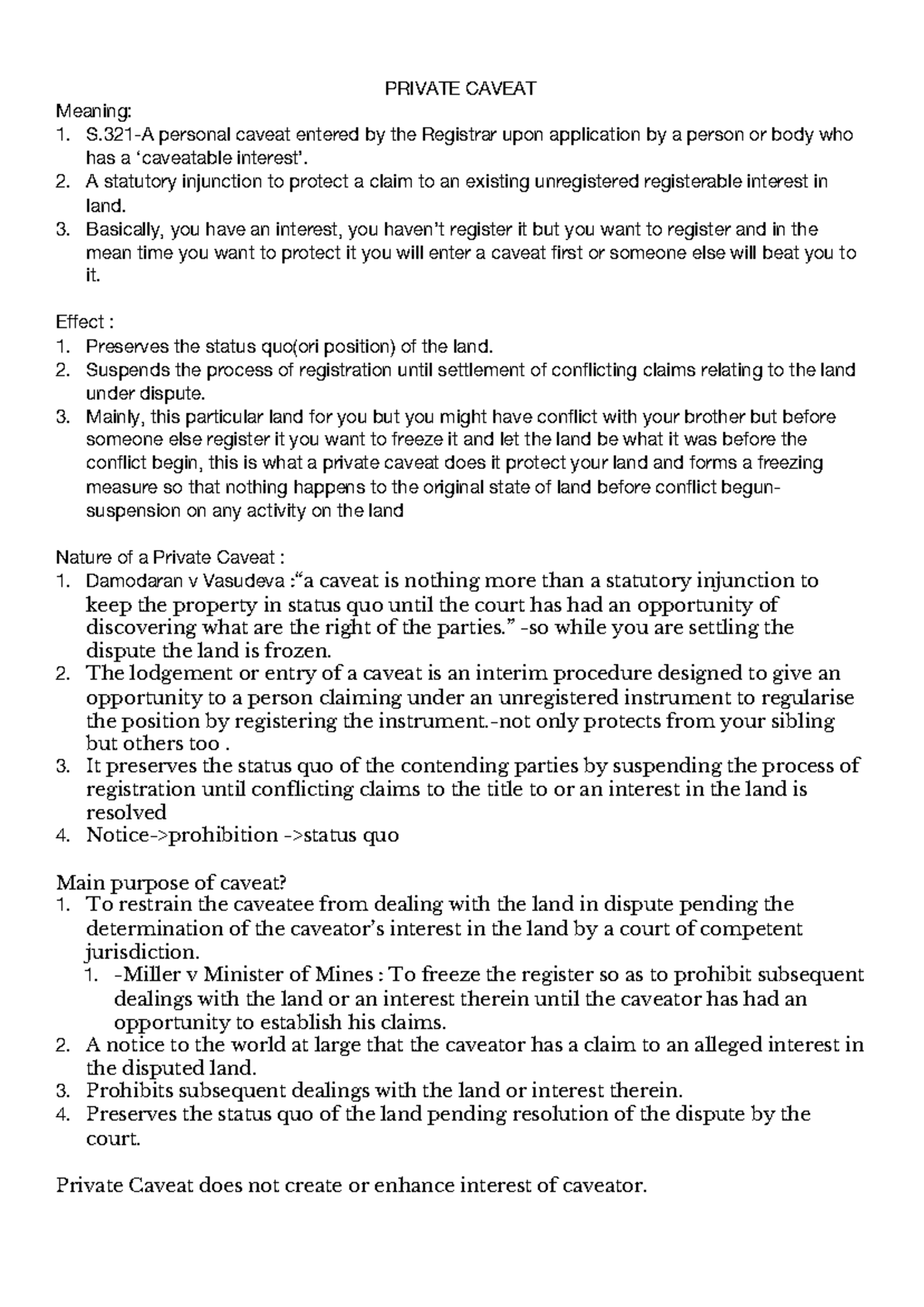 Private caveat - Law - Land Law II - MMU - Studocu
