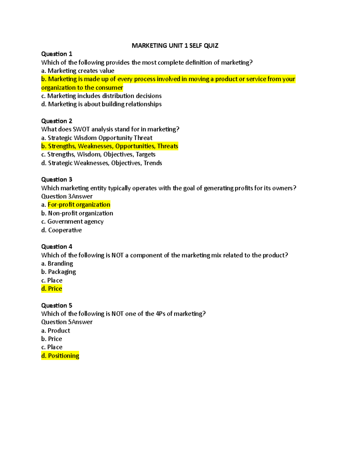 MARKETING UNIT 1 SELF QUIZ: Key Concepts and Questions - Studocu