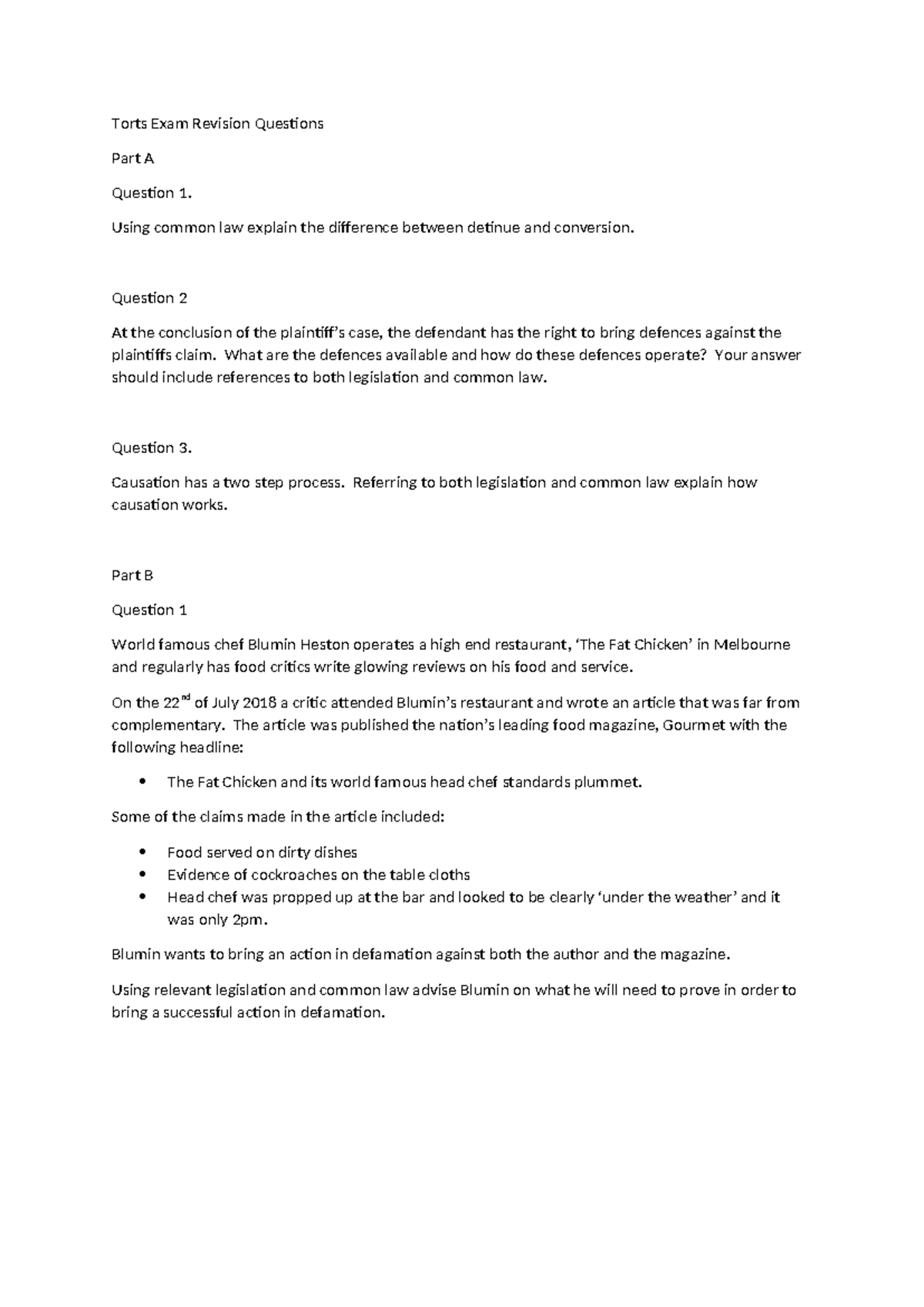 Torts Exam Revision Questions: Key Concepts & Case Analyses - Studocu