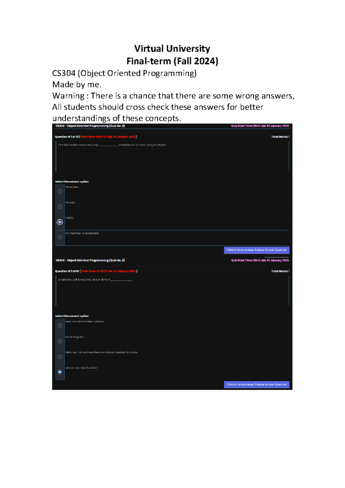 CS304 Final Term MCQ's Fall 2024 - Object Oriented Programming - Virtual University Final-term ...