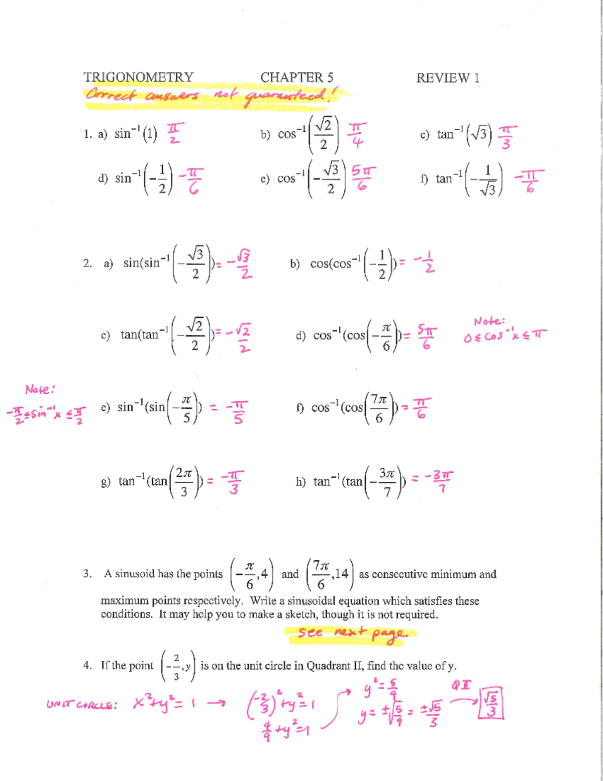 Trig Ch 5 Exam Review A w Sol - TRIGONOMETRY CHAPTER 5 REVIEW 1 Correct ...