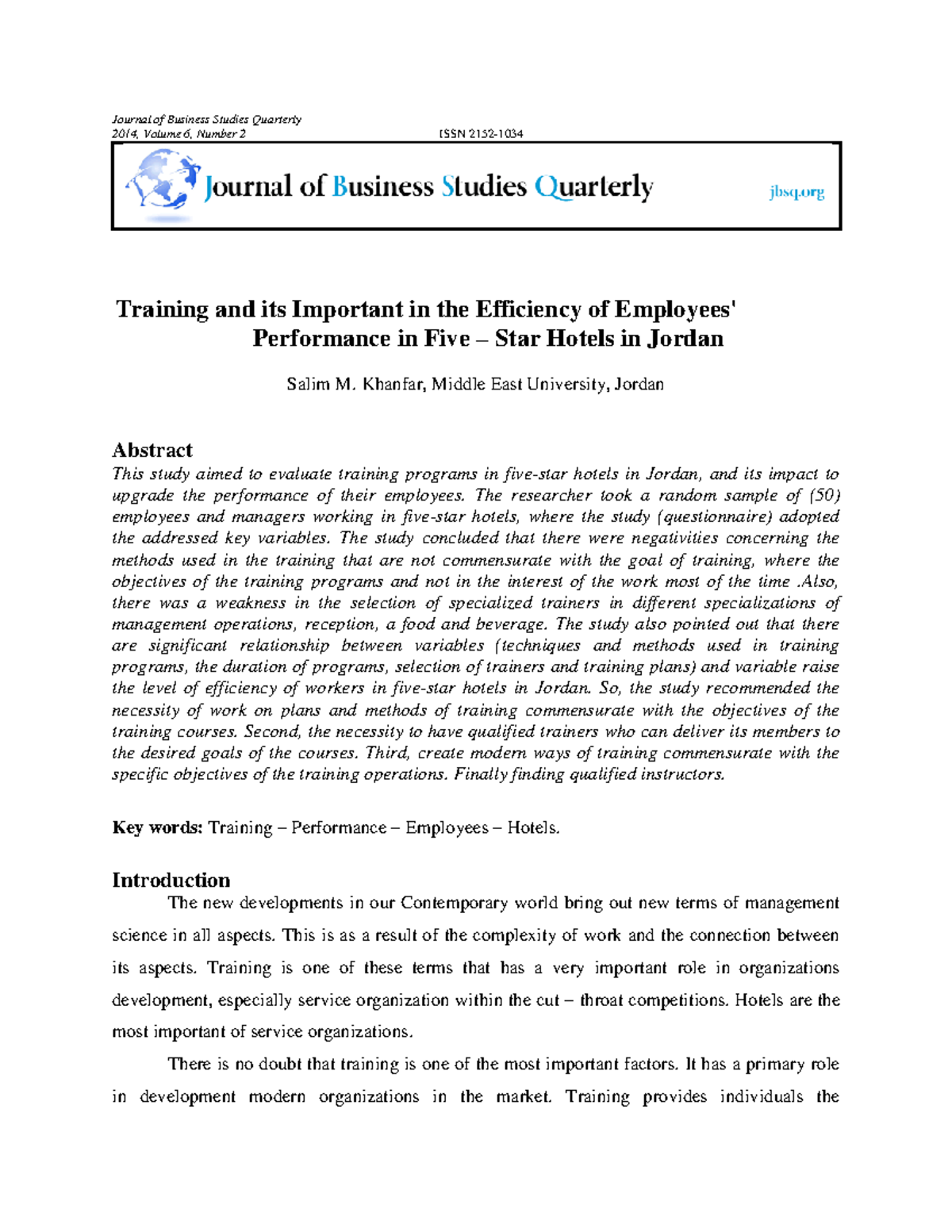 Employee Training Effectiveness on Service Quality in Five Star Hotels ...