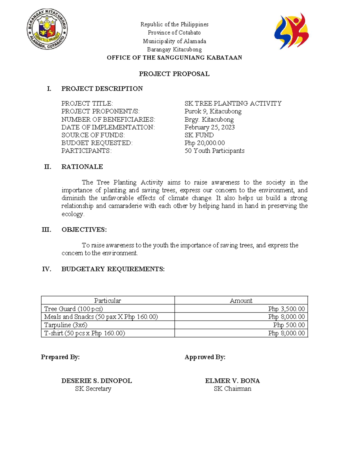 SK Project Proposal: Tree Planting Activity in Alamada - Studocu