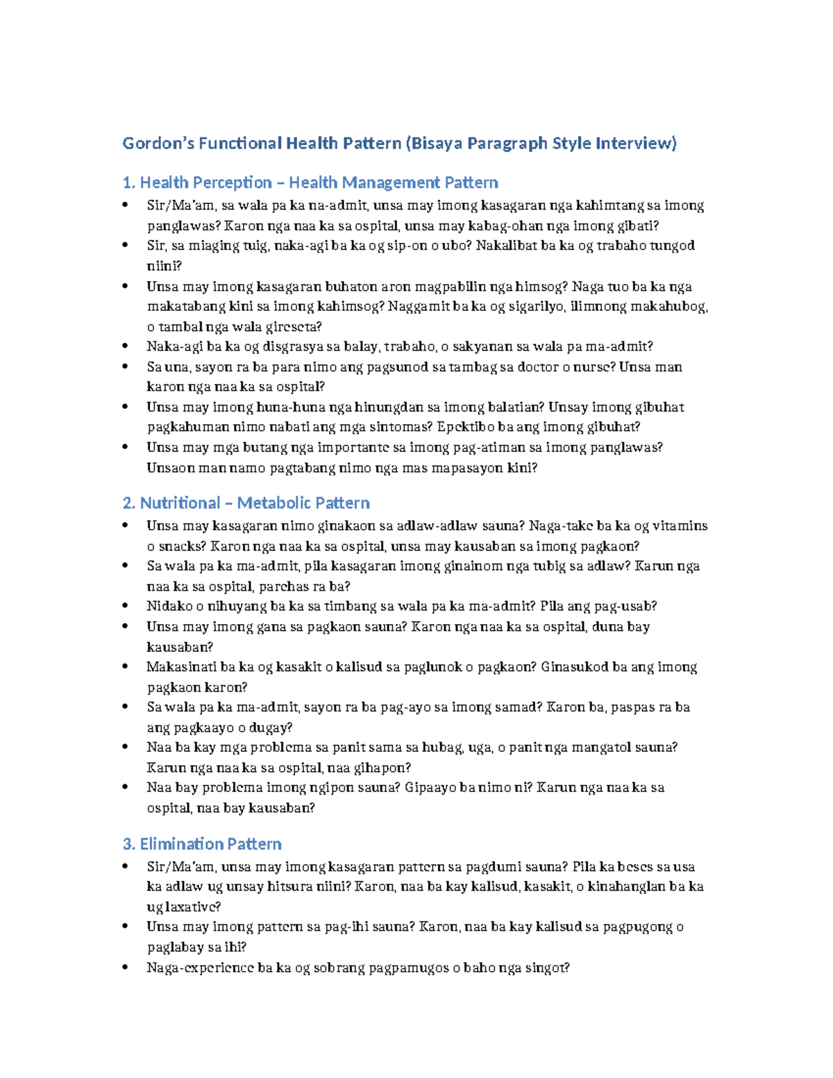 Gordon Health Assessment (Bisaya) - Functional Health Patterns Analysis ...