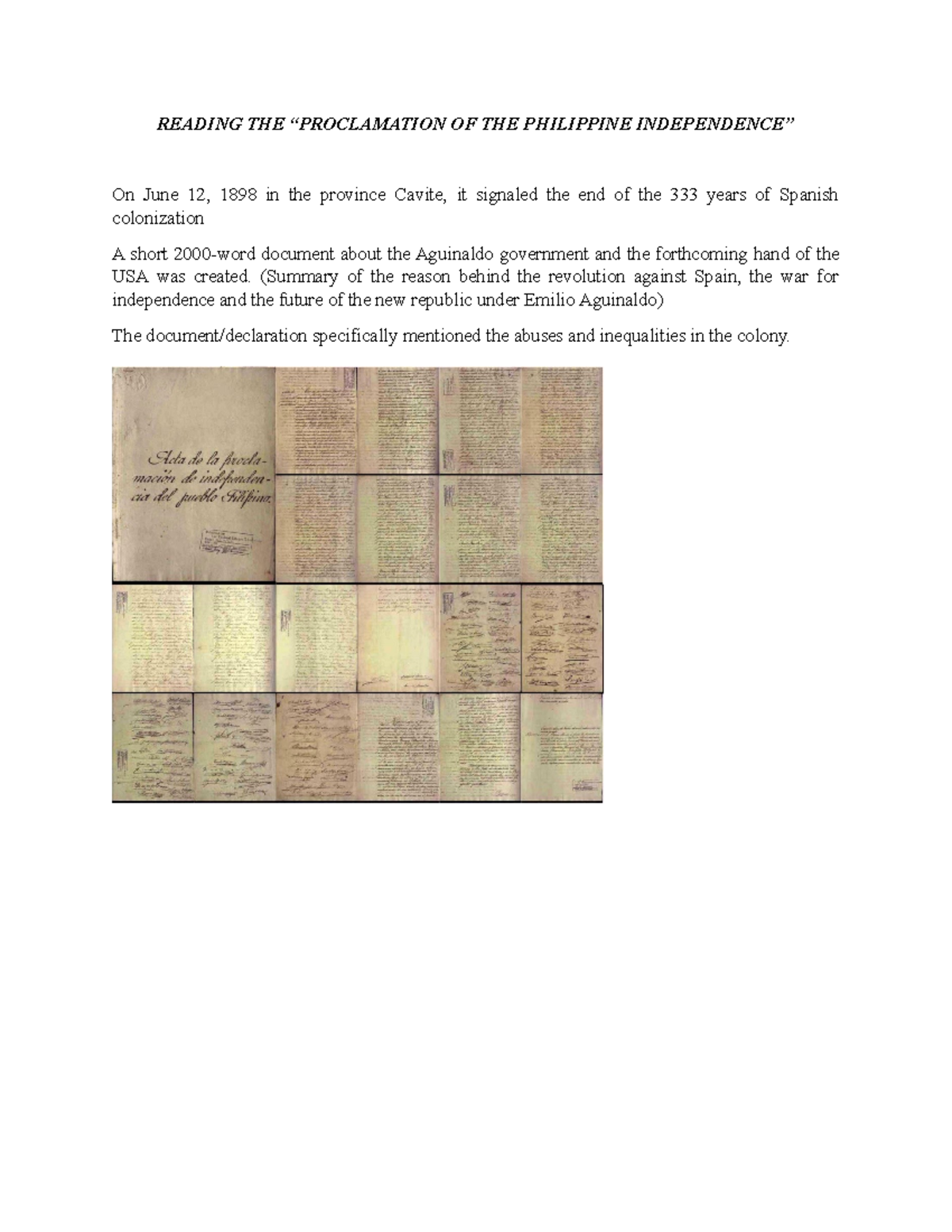 Reading THE “ Proclamation OF THE Philippine Independence” - READING ...