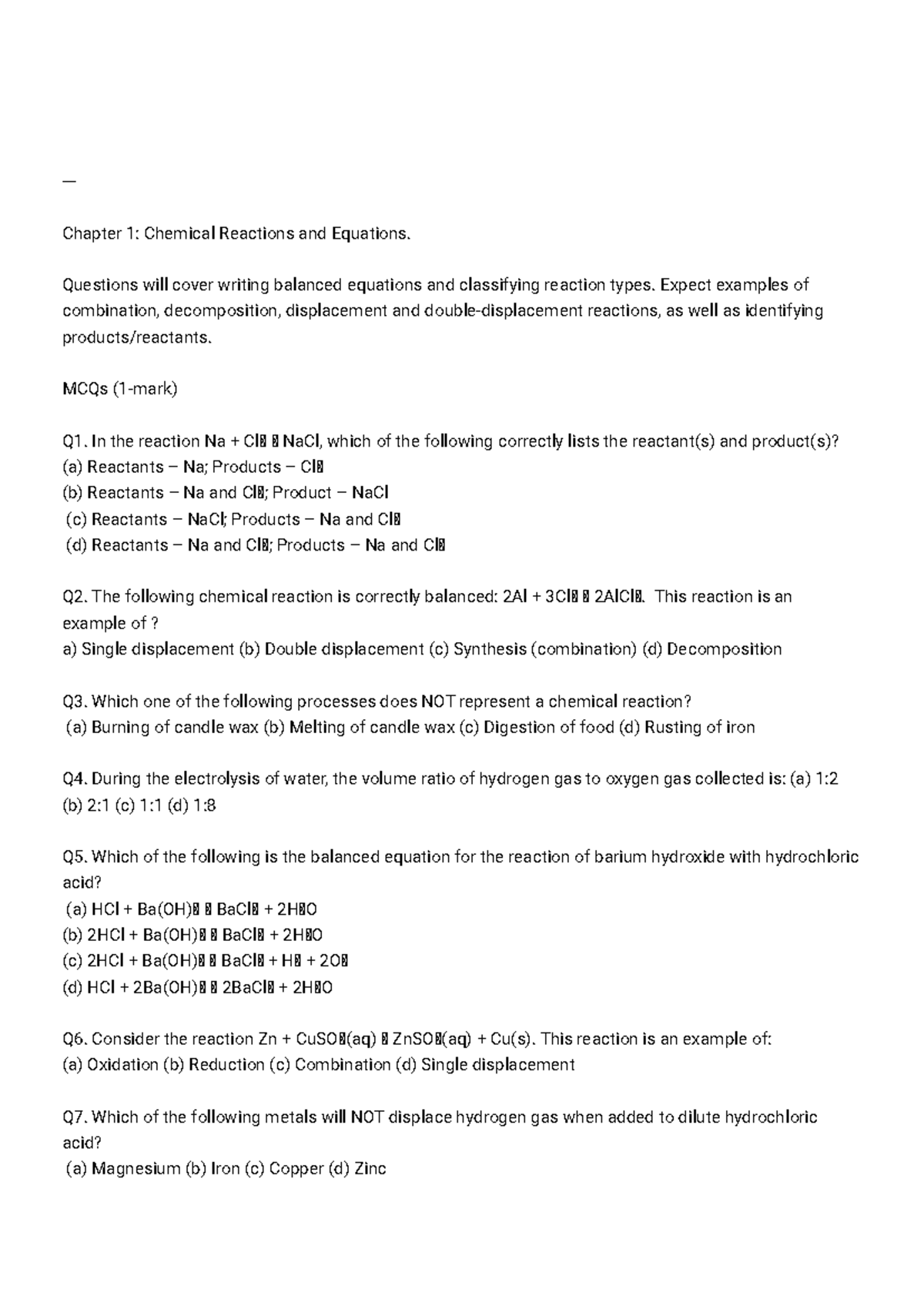 Chemistry Questions: Chemical Reactions & Equations (Course Code: Gxi8y ...
