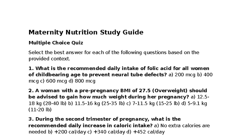 Chapter 12 Maternity Nutrition Study Guide: Multiple Choice Quiz - Studocu