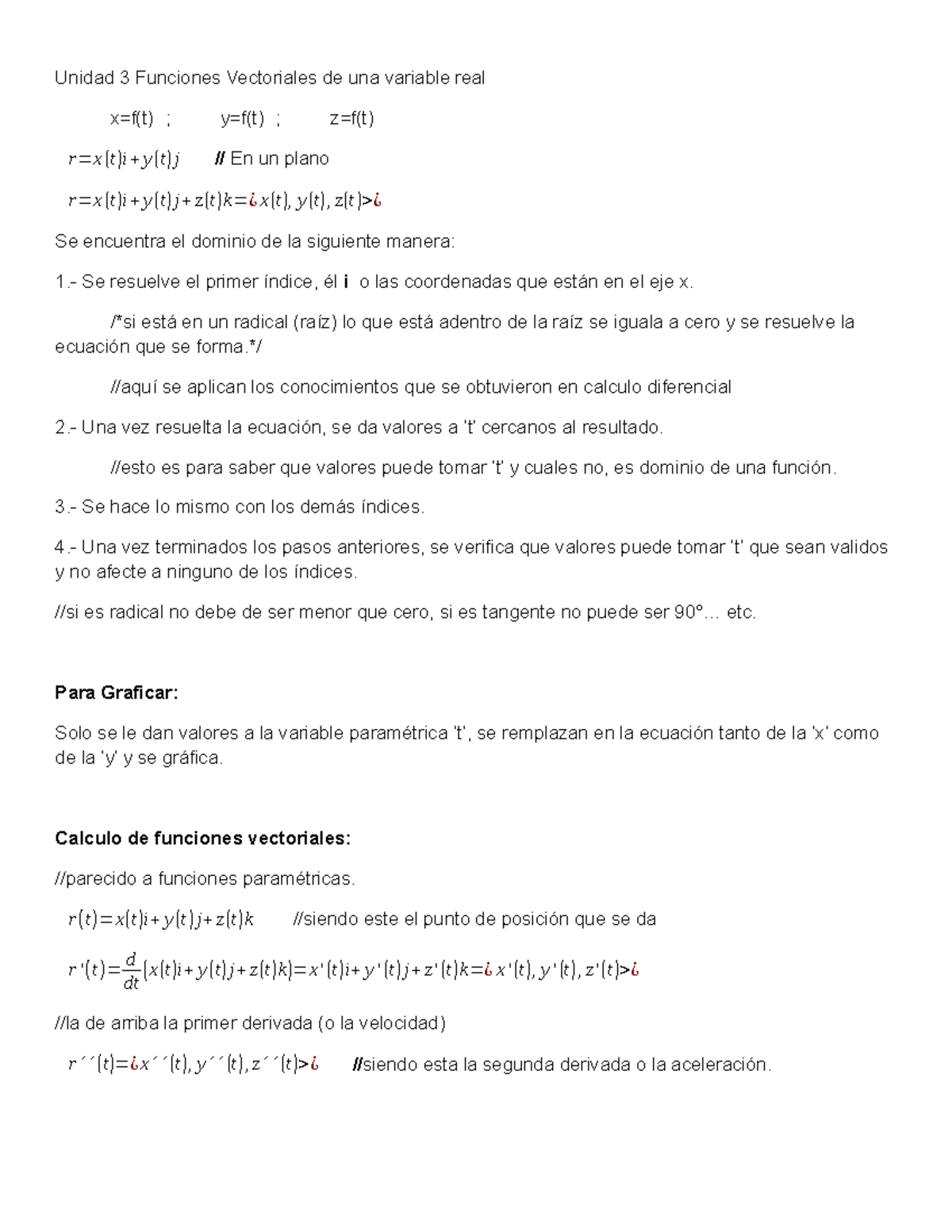 Formulario Calculo Vectorial U 3 - Unidad 3 Funciones Vectoriales de una variable real x=f(t ...