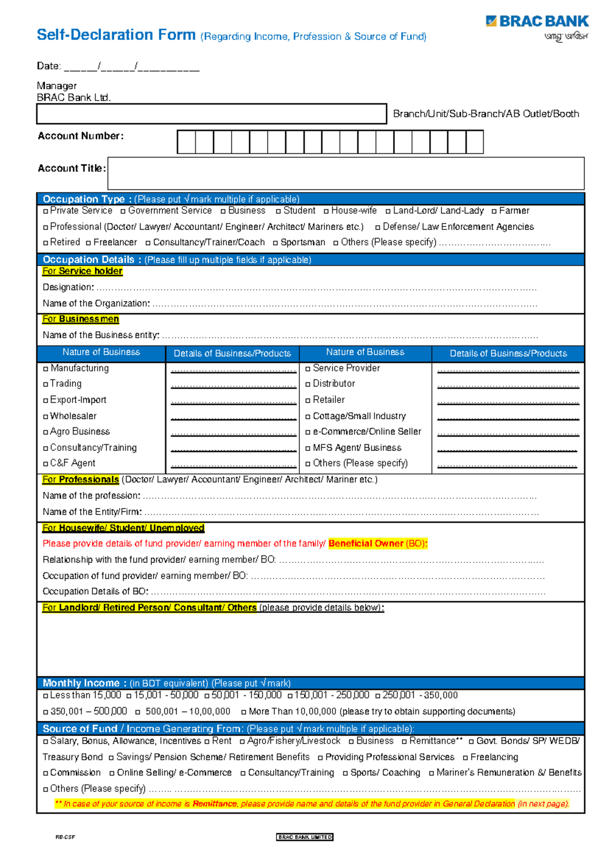 BRAC Bank Ltd. Self Declaration Form for Income & Profession - Studocu
