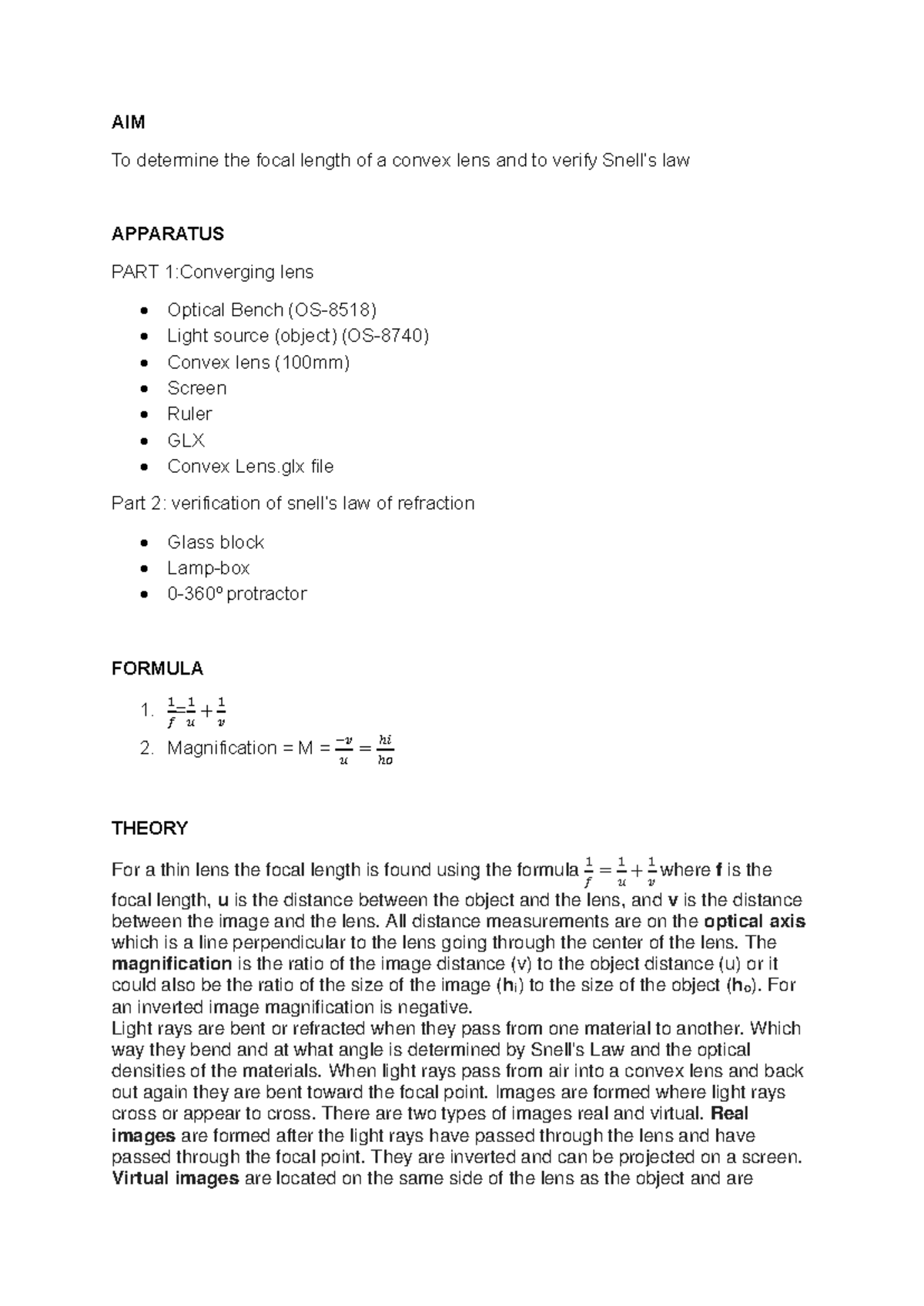 Optics Experiment 5: Focal Length of Convex Lens & Law of Refraction - Studocu