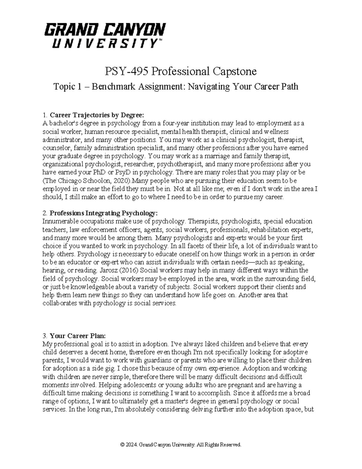 PSY 495 RS T1 BM Career Path Planning in Psychology: A Capstone Guide ...