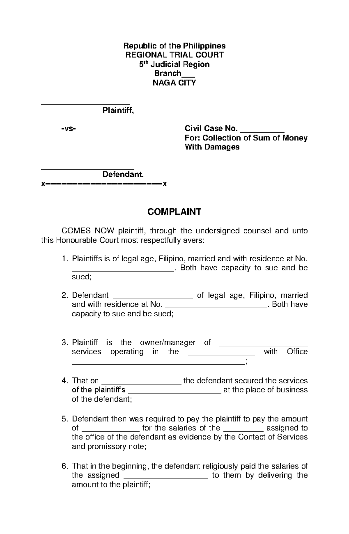 **Collection of Sum of Money: Complaint and Answer Template** - Studocu