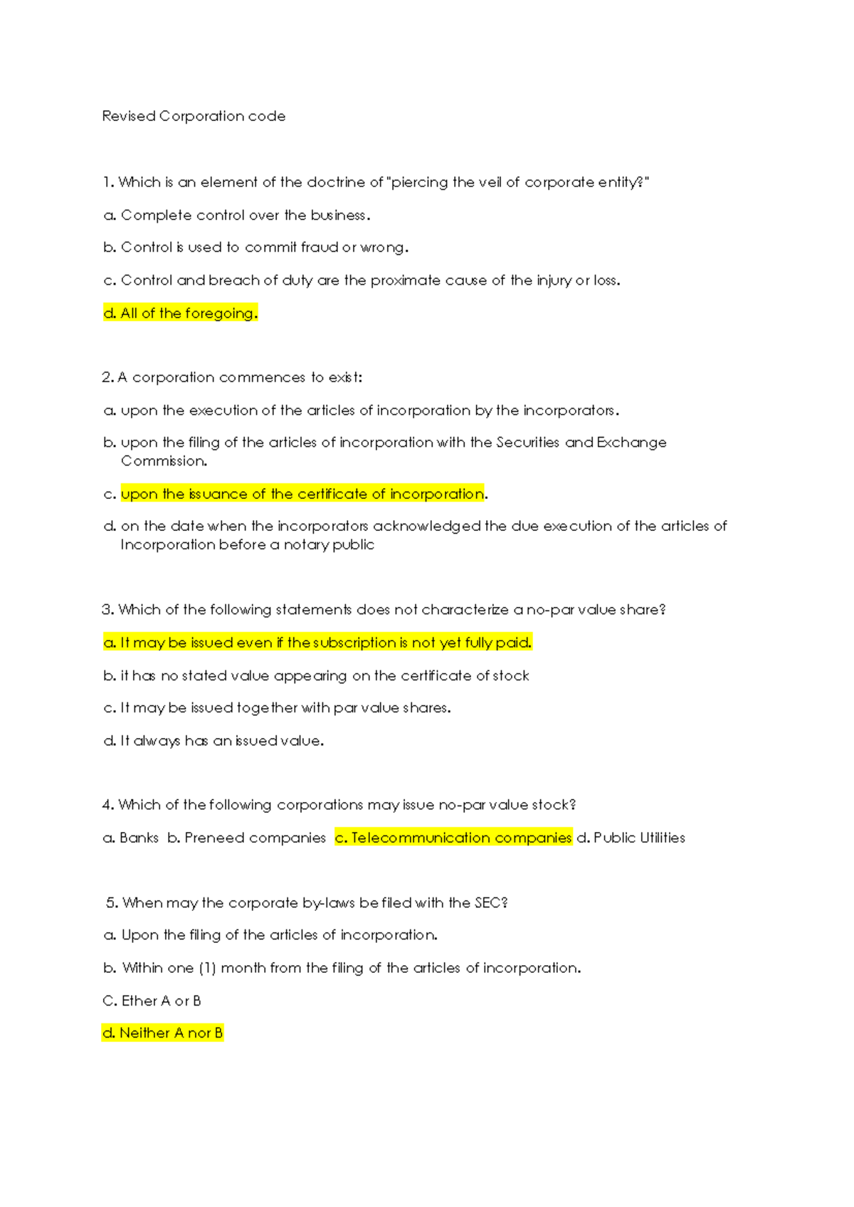 Revised Corporation Code: Business Law Exam Notes (LAW 101) - Studocu