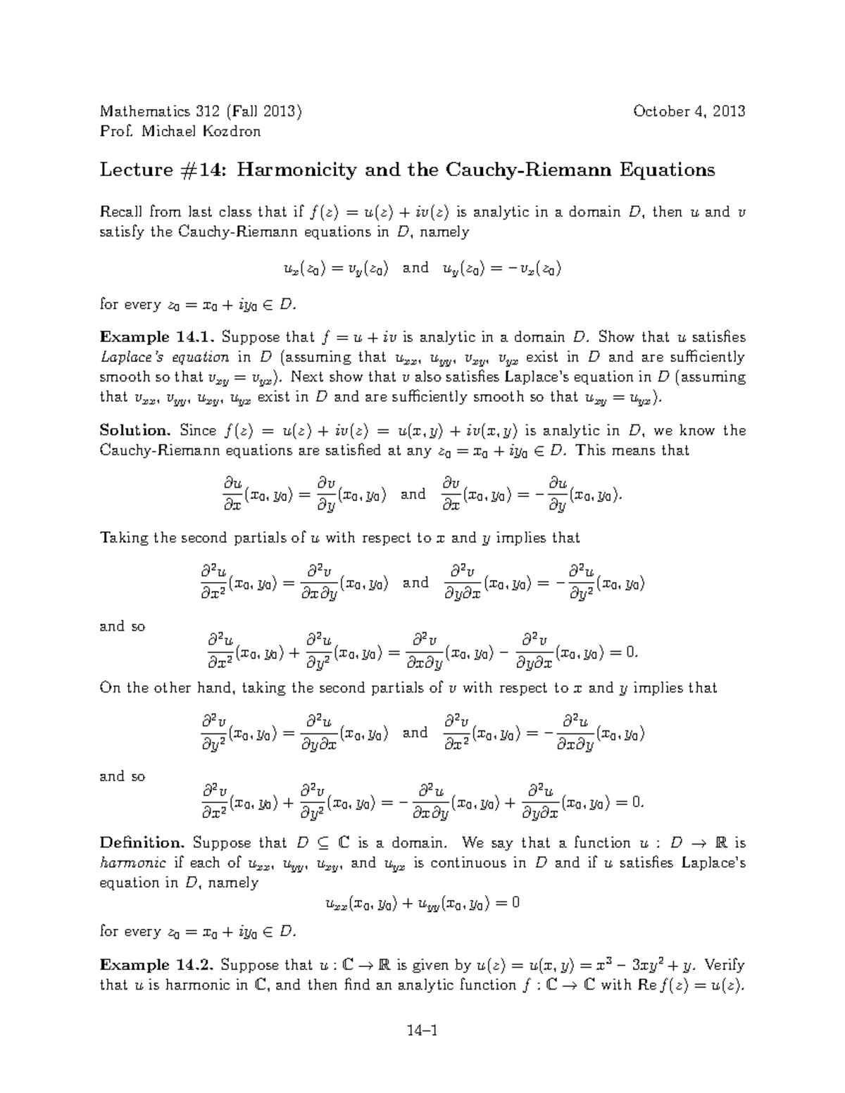 Mathematics 312 (Fall 2013) Lecture on Harmonicity & Cauchy-Riemann ...