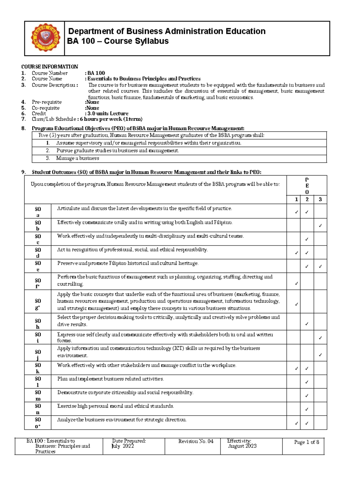 BA 100 - Essentials to Business Principles and Practices Syllabus - Studocu