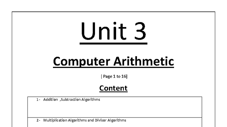 Unit 3 - Computer Arithmetic: Algorithms & Operations Notes - Studocu