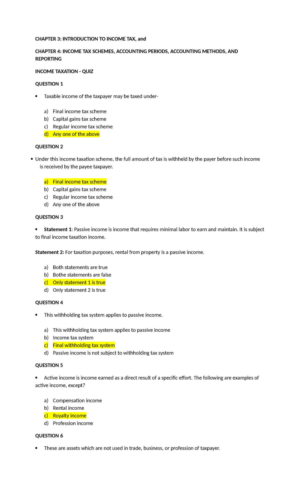 Income Tax Practice Quiz: Chapters 3 & 4 Review Questions - Studocu